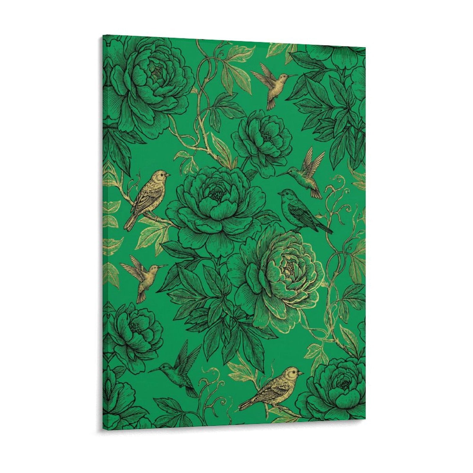 Chinoiserie Hand-Drawn Peony And Bird Pattern on Green BackgroundSet of ...