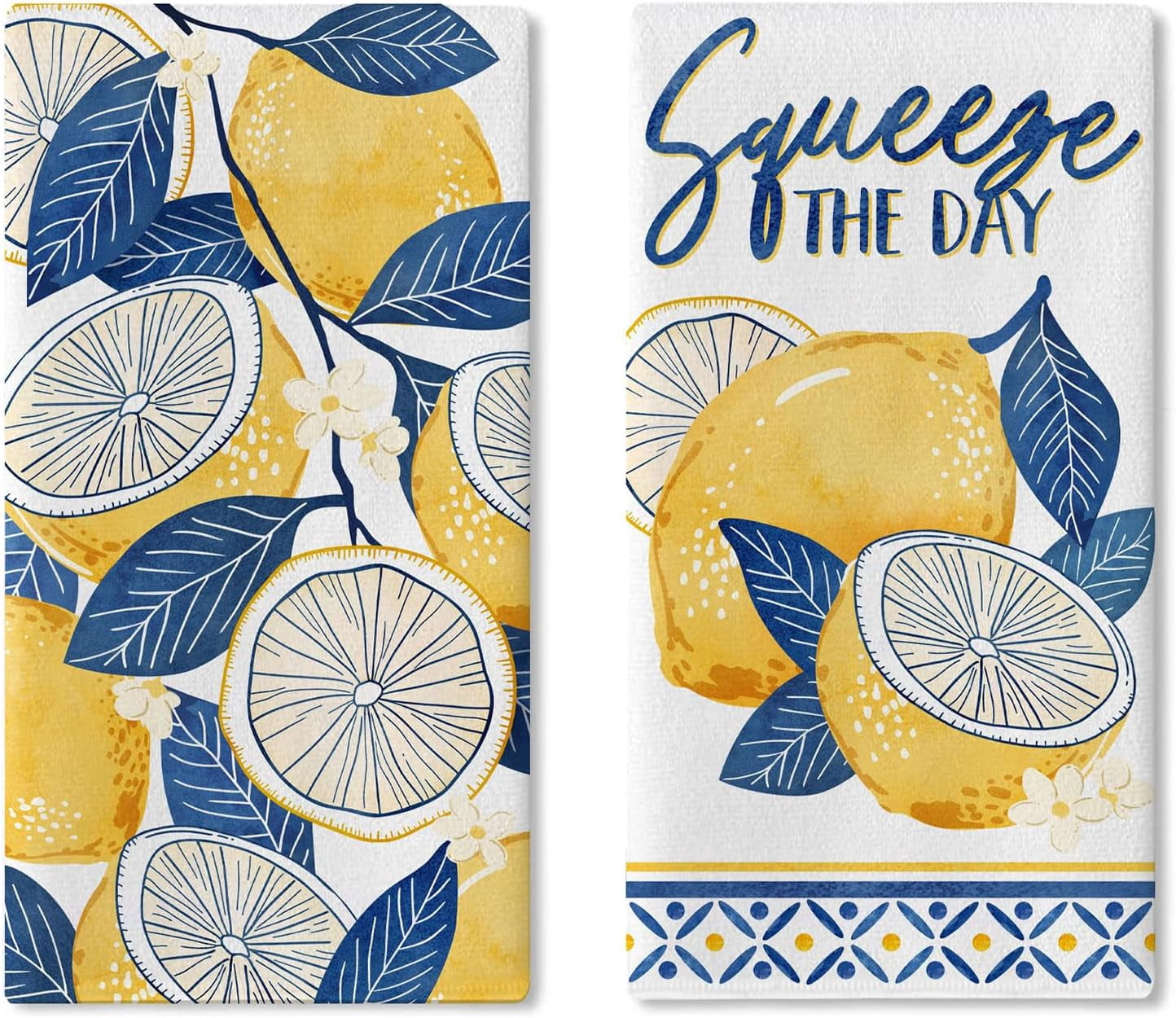 Chinoiserie Lemon Kitchen Dish Towels Set of 2, Squeeze The Day ...