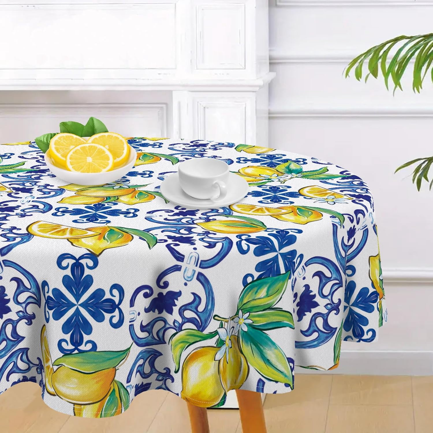Chinoiserie Lemon Round Tablecloth , Blue and White Porcelain ...