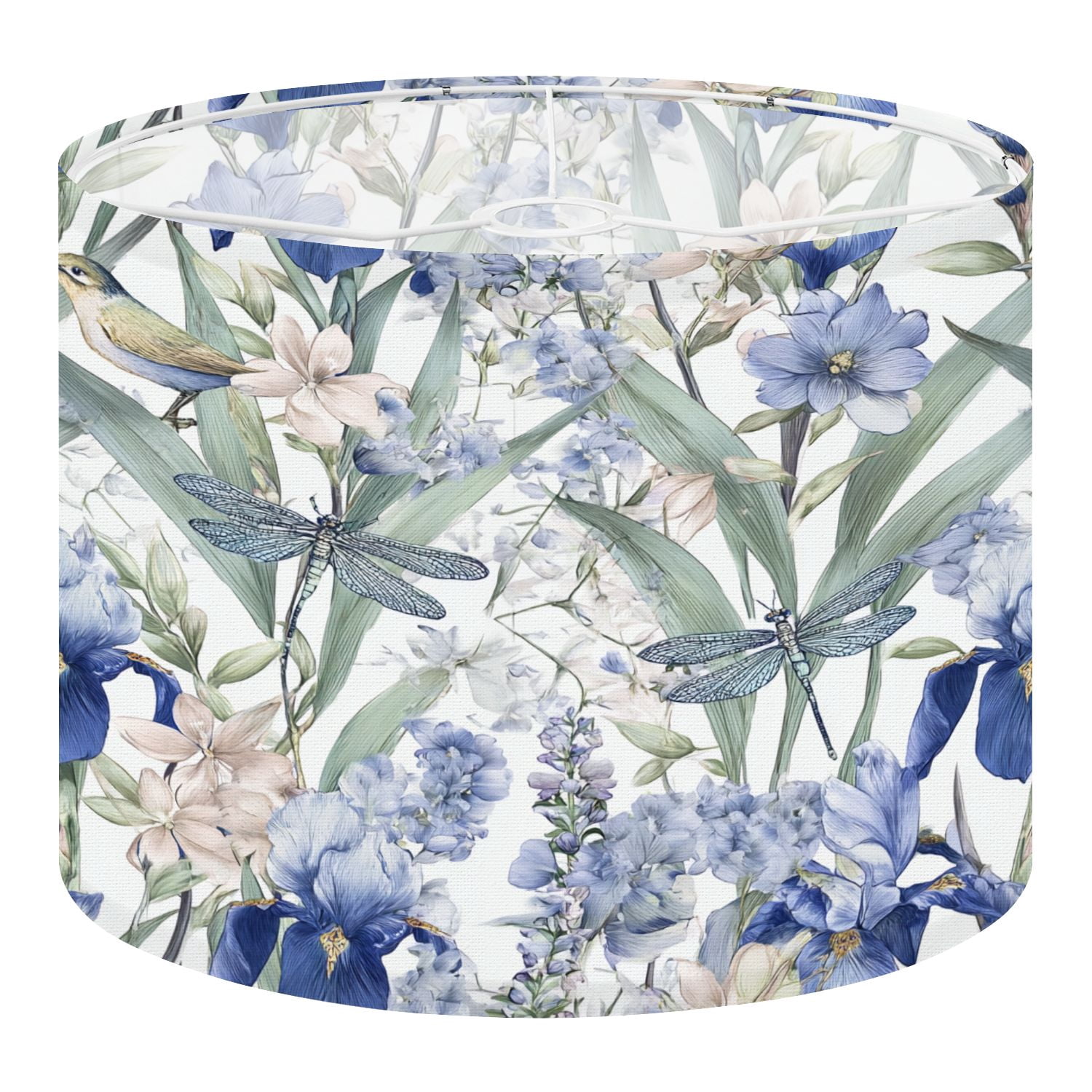 Chinoiserie Linen Drum Lampshades Delicate Floral Dragonflies Soft Blue ...