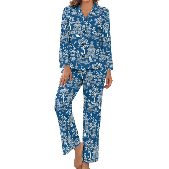 Chinoiserie Pagoda Dark Blue Printed Pajama Set for Couples, Women Men ...