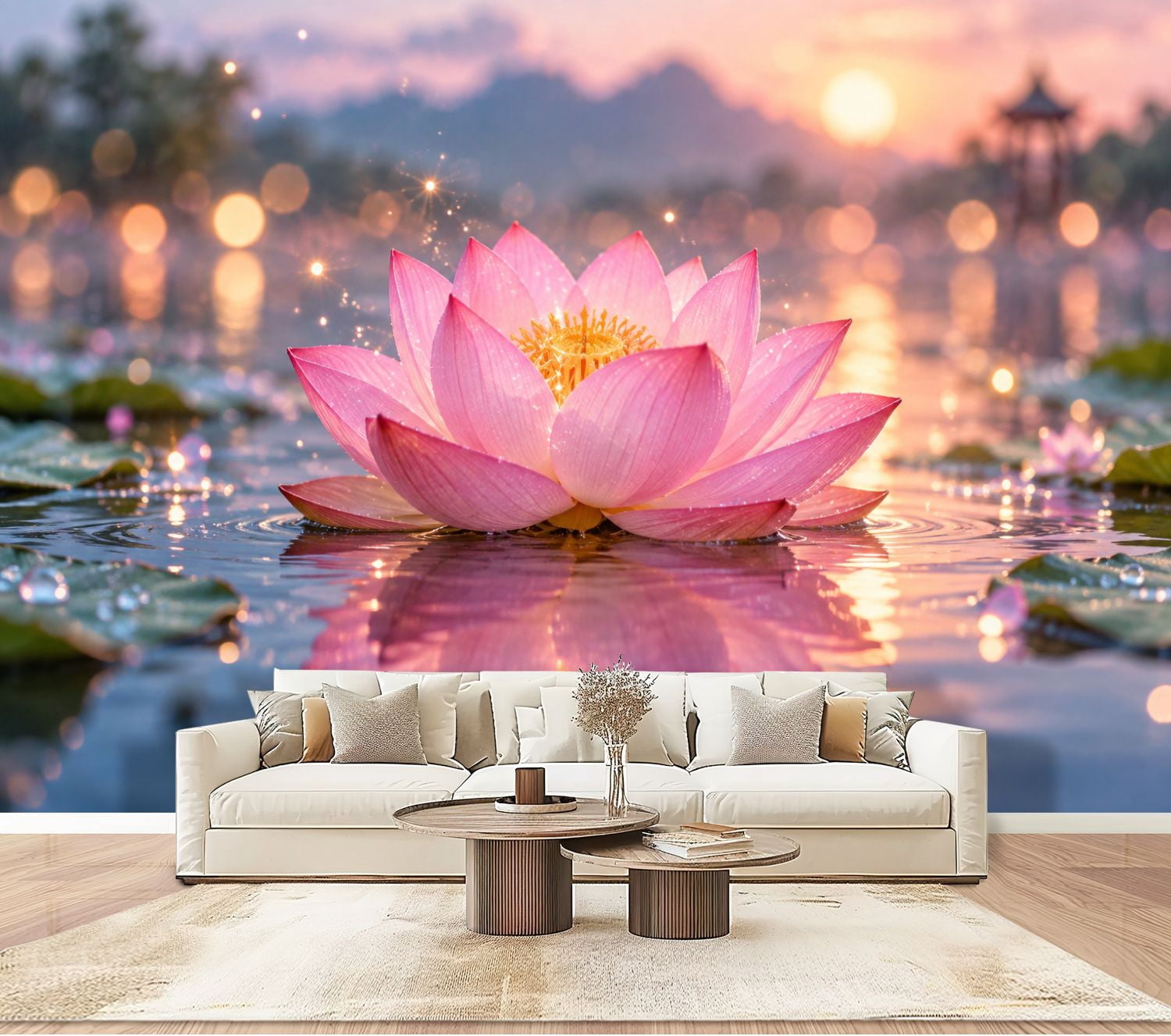 Chinoiserie Pink Lotus Flower Wallpaper Floating Serene relax Sunset ...