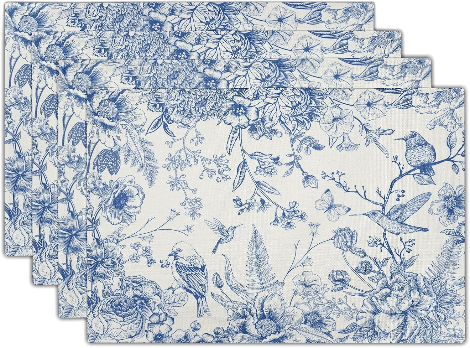 Chinoiserie Placemats Set of 4,18X12 Inch Blue Birds Floral Porcelain ...
