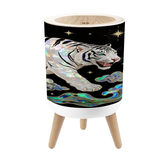 Chinoiserie Small Trash Can with Lid White Tiger Pearl Walking Ocean ...