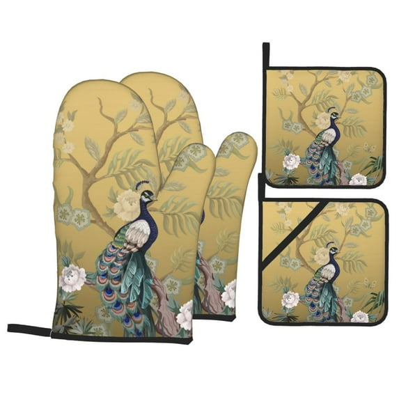 Chinoiserie Style Herons Peacock 4Pcs Oven Mitts and Pot Holders Sets ...