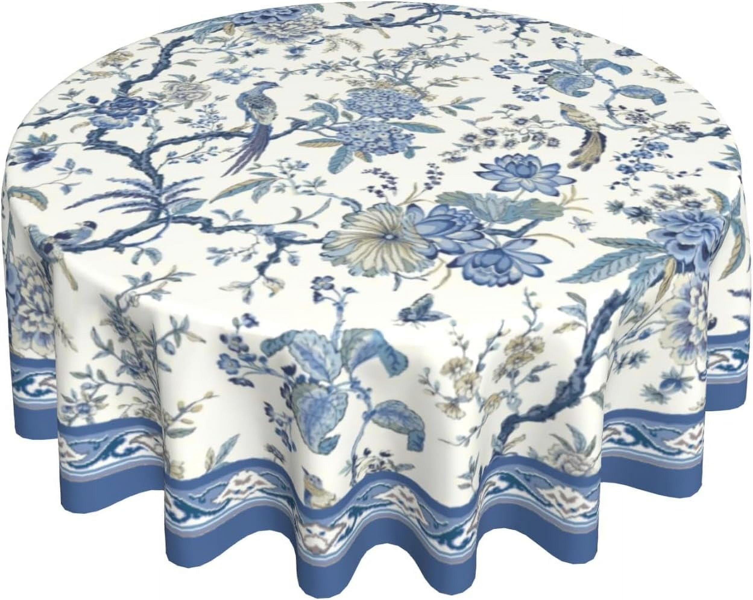 Chinoiserie Tablecloth Round 60Inch, Blue White Flowers Birds Table ...