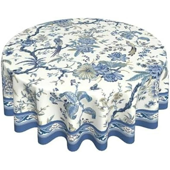 Chinoiserie Tablecloth Round 60Inch, Blue White Flowers Birds Table ...