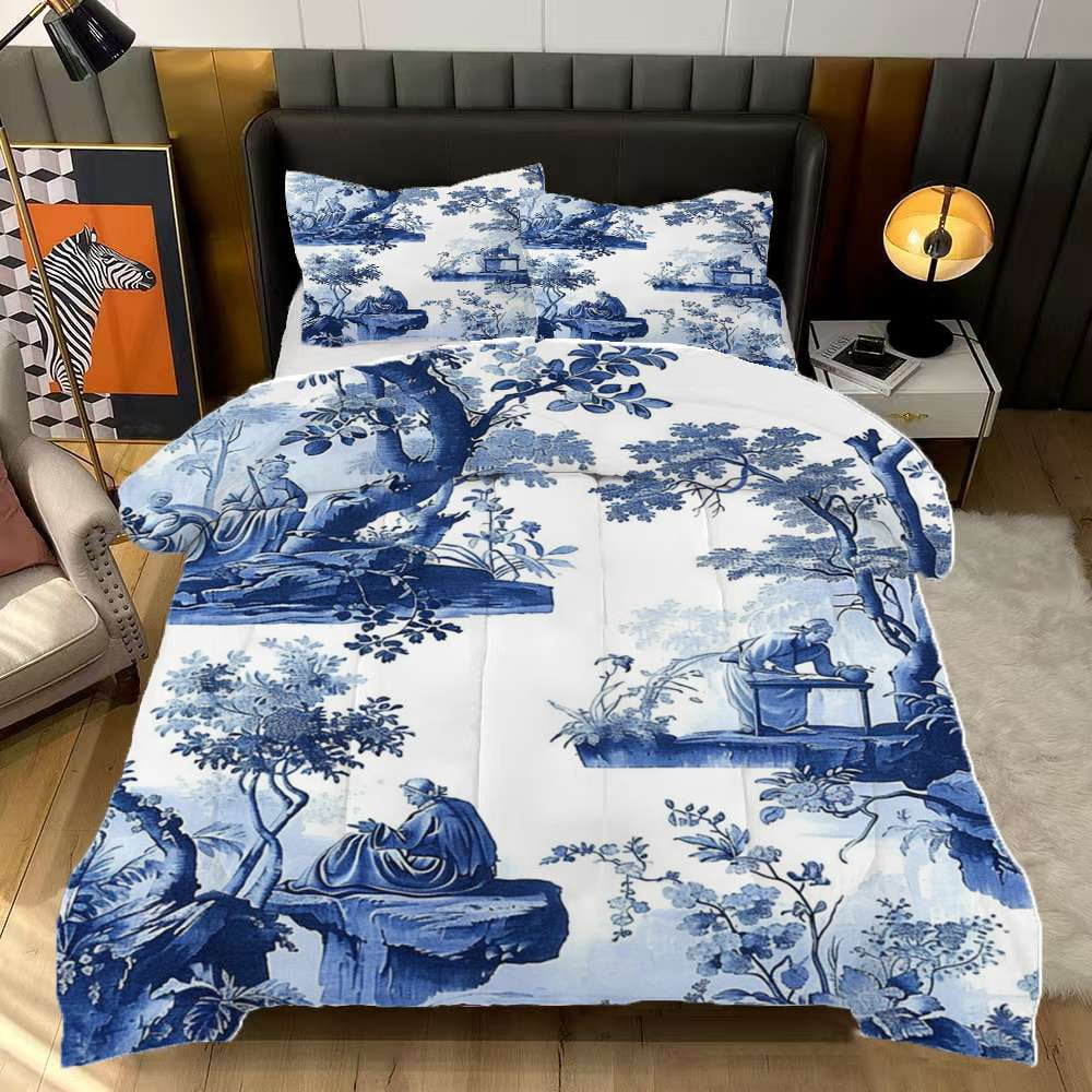 Chinoiserie Toile Blue Comforter Set Queen Size Bedding Set For Travl ...