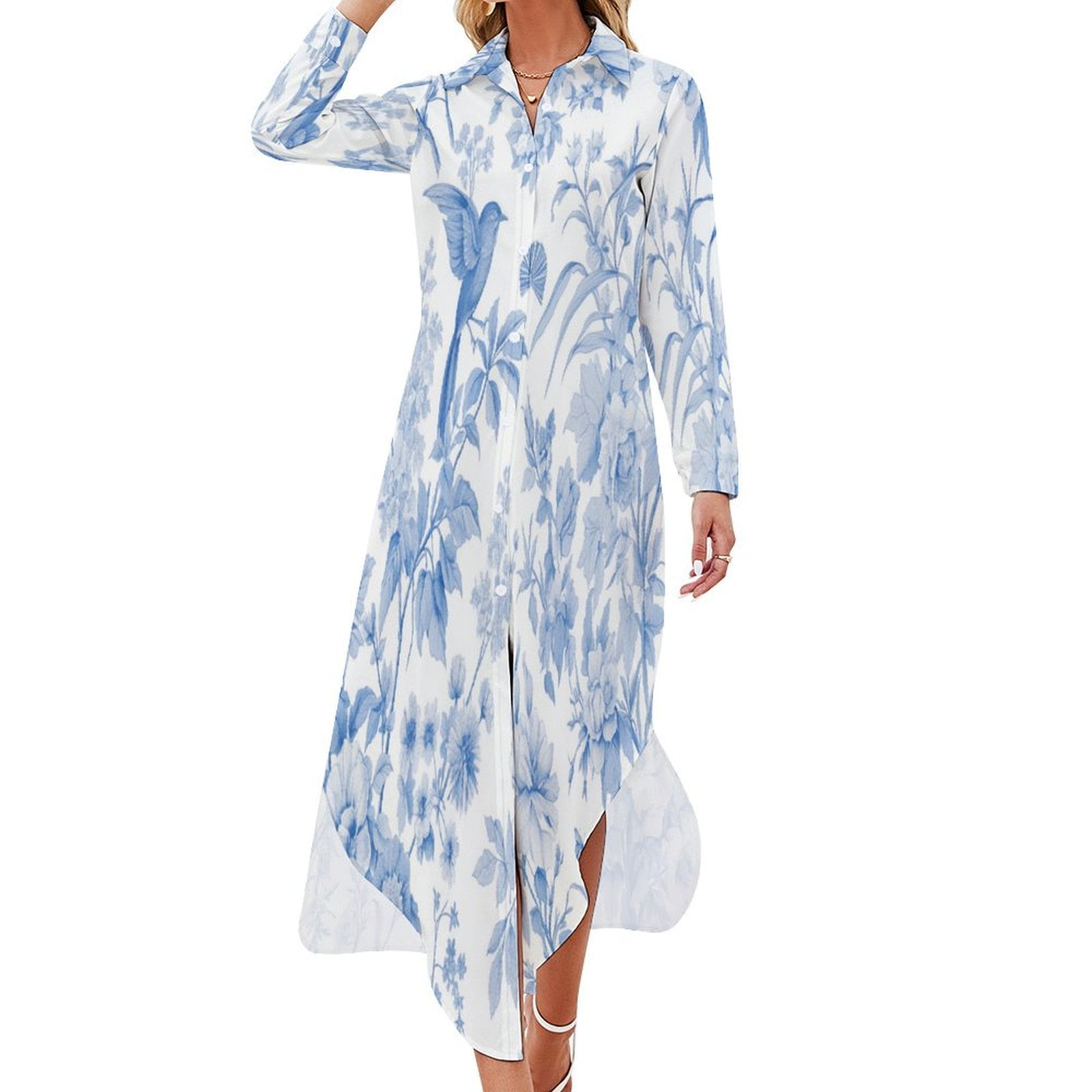 Chinoiserie Toile Blue Flowers And Birds Shirt Dress Long Sleeve Street ...