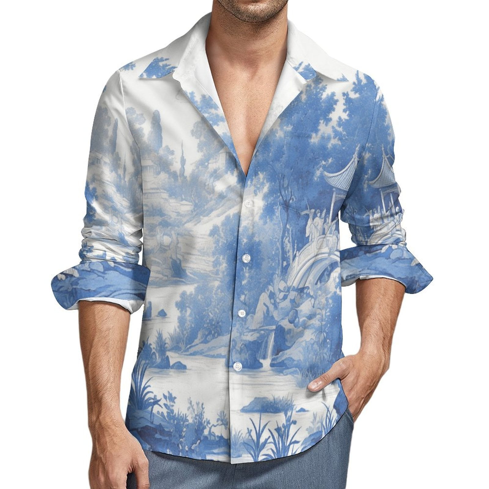 Chinoiserie Toile Blue Gazebo Hawaiian Shirt for Men Long Sleeve Button ...