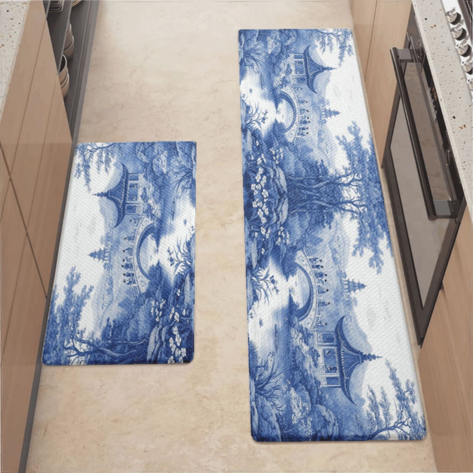 Chinoiserie Toile Blue Gazebo Pvc Kitchen Mat Runner 2 Pieces Non Slip ...