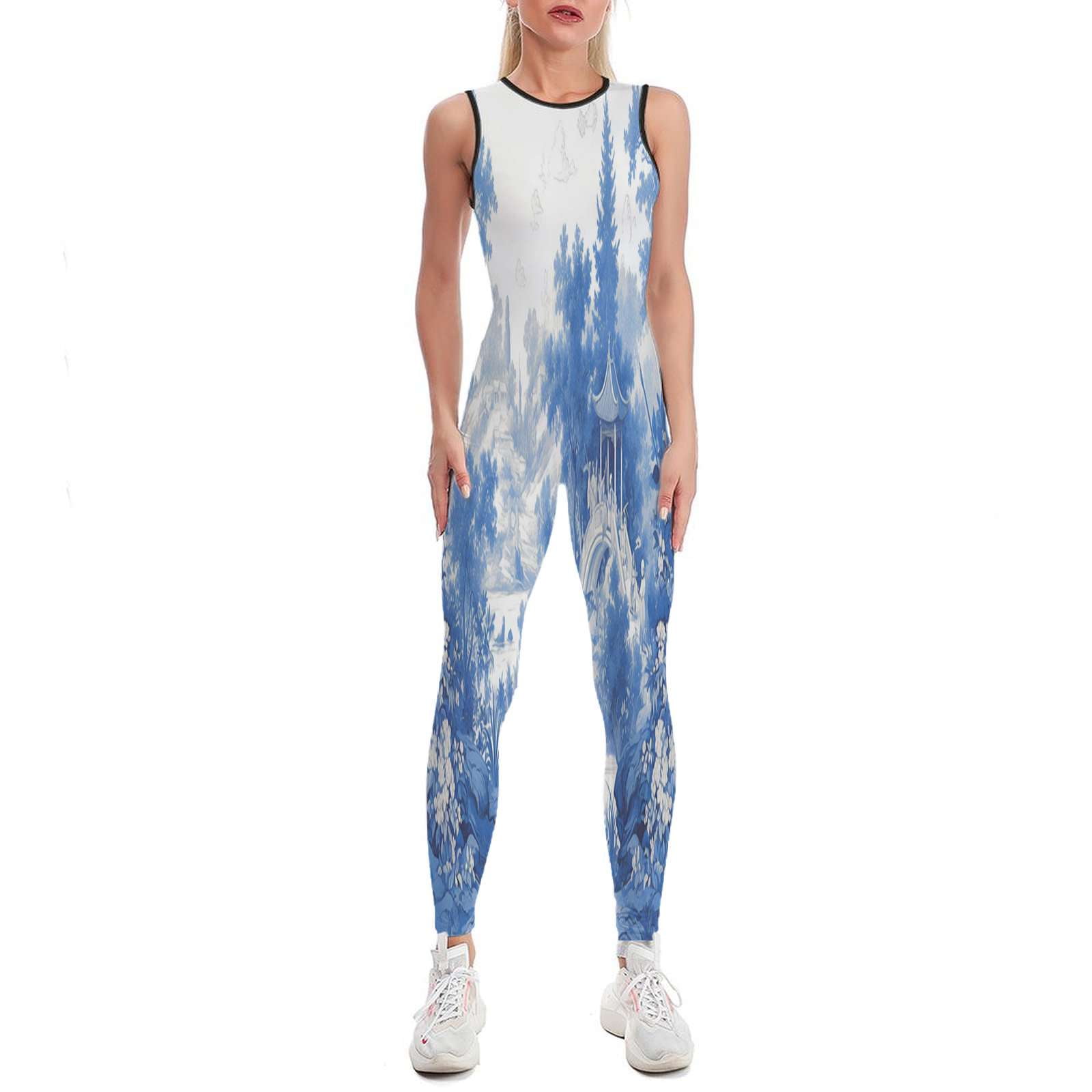 Chinoiserie Toile Blue Gazebo Women's One Piece Yoga Jumpsuits Leggings ...