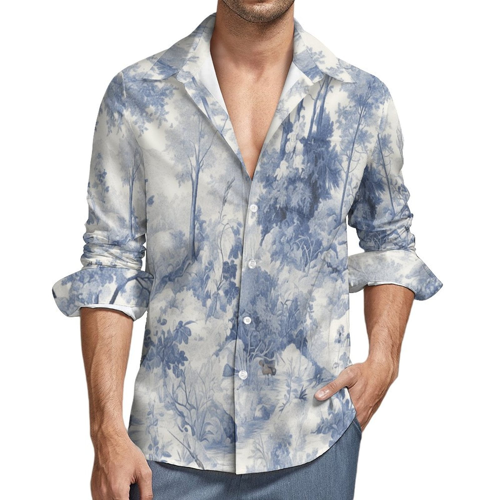 Chinoiserie Toile Blue Landscape Hawaiian Shirt for Men Long Sleeve ...