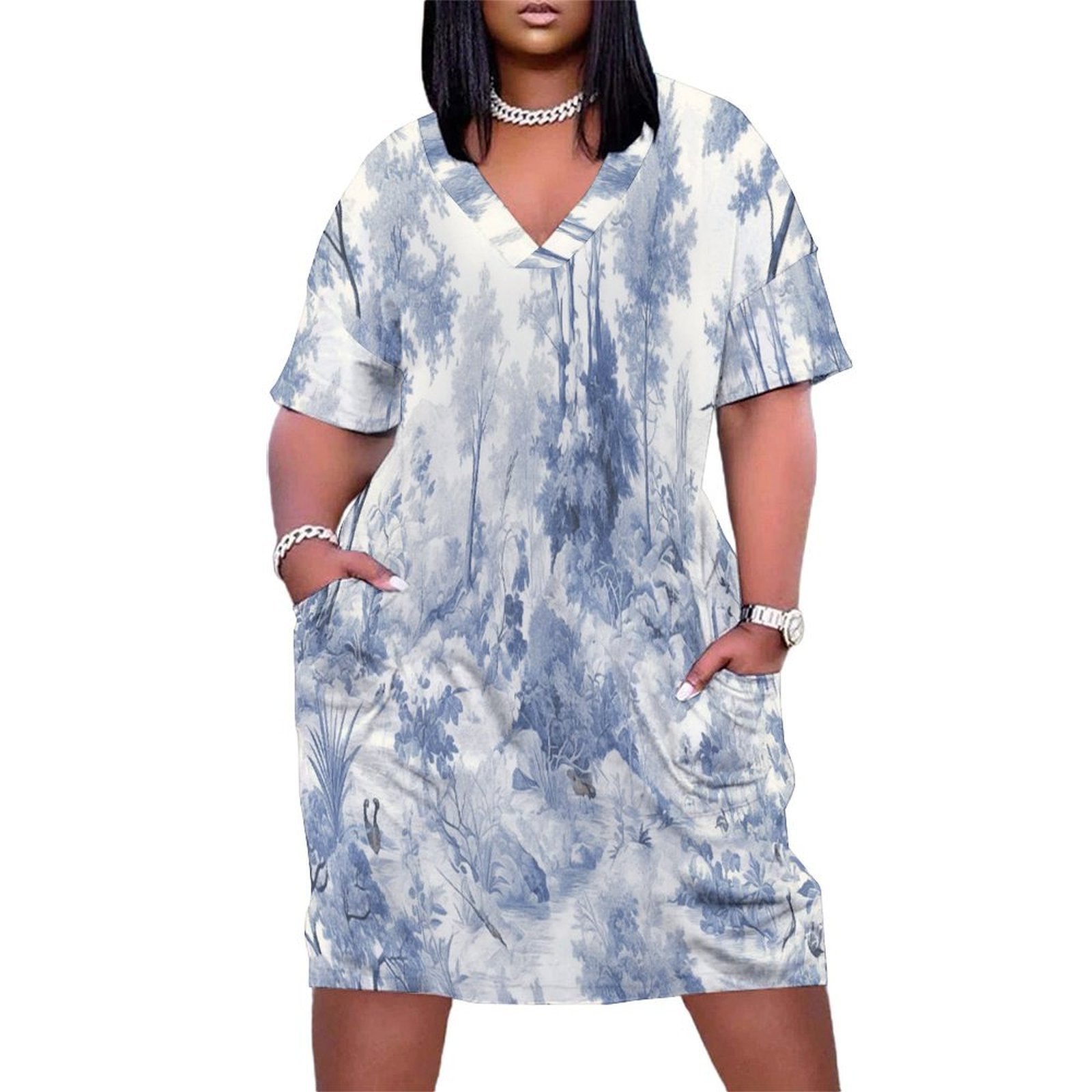 Chinoiserie Toile Blue Landscape Loose Pocket Dress Dresses Summer ...