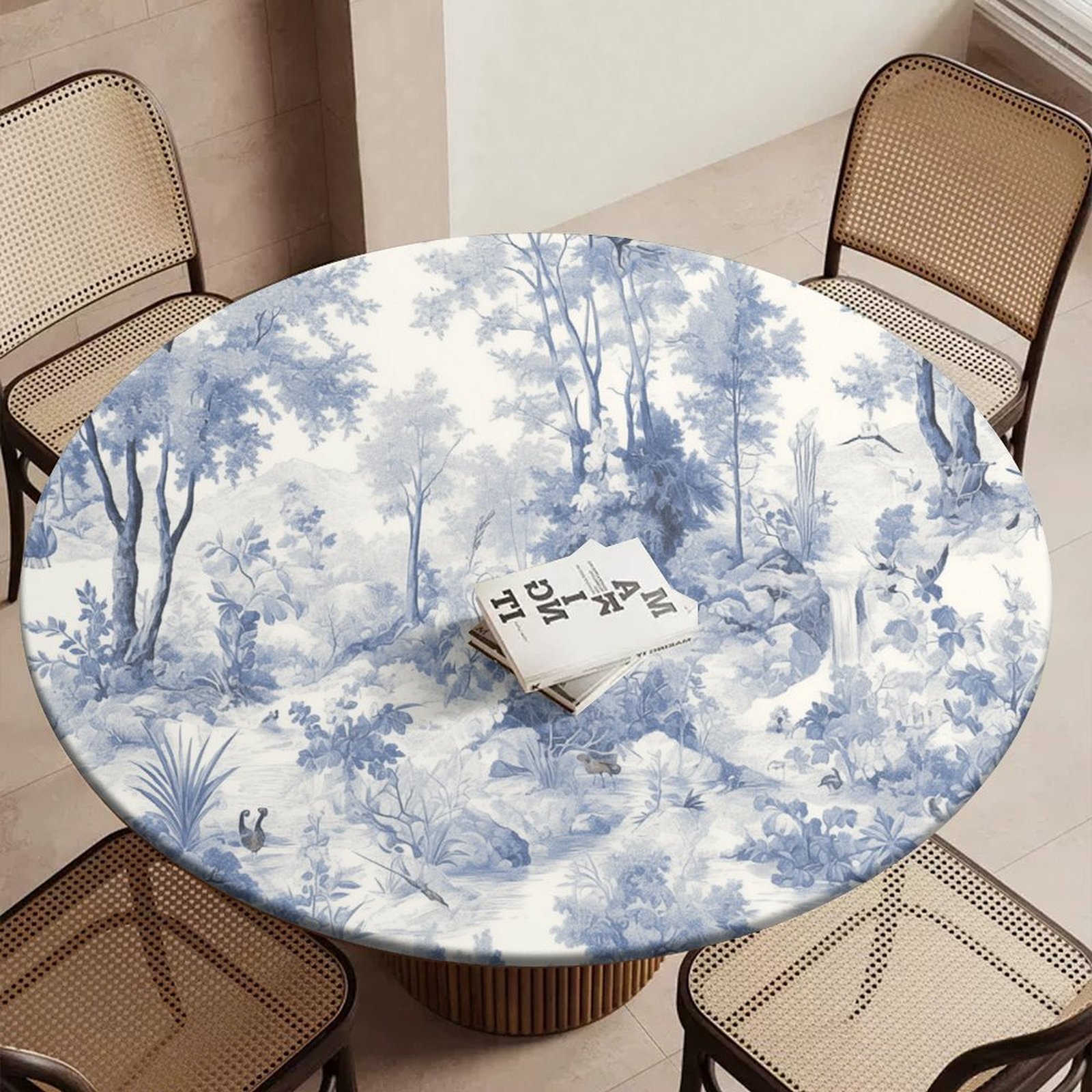 Chinoiserie Toile Blue Landscape Round Table Cover Kitchen Printed ...