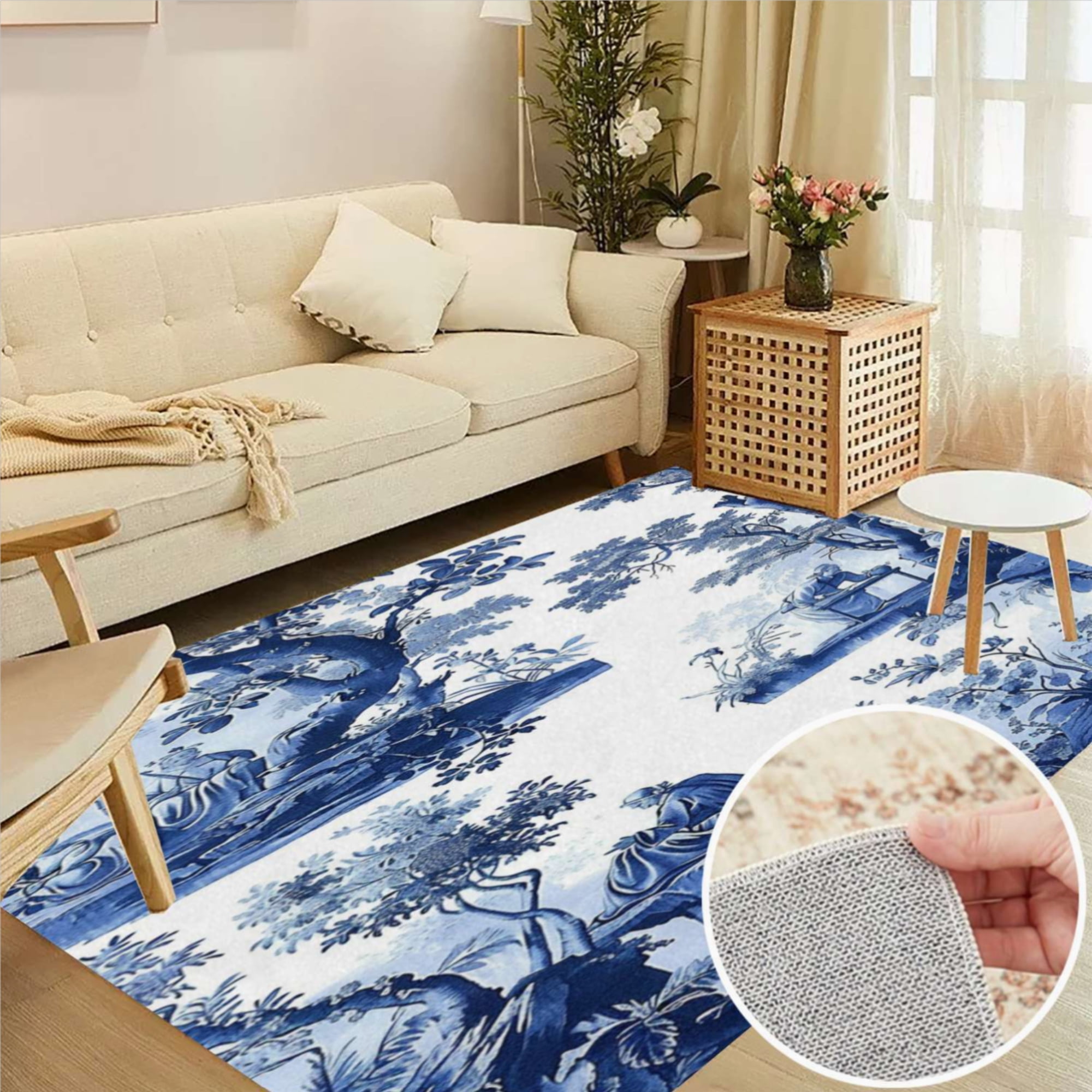 Chinoiserie Toile Blue Soft Large Area Rugs Washable Rug With Non-Slip ...