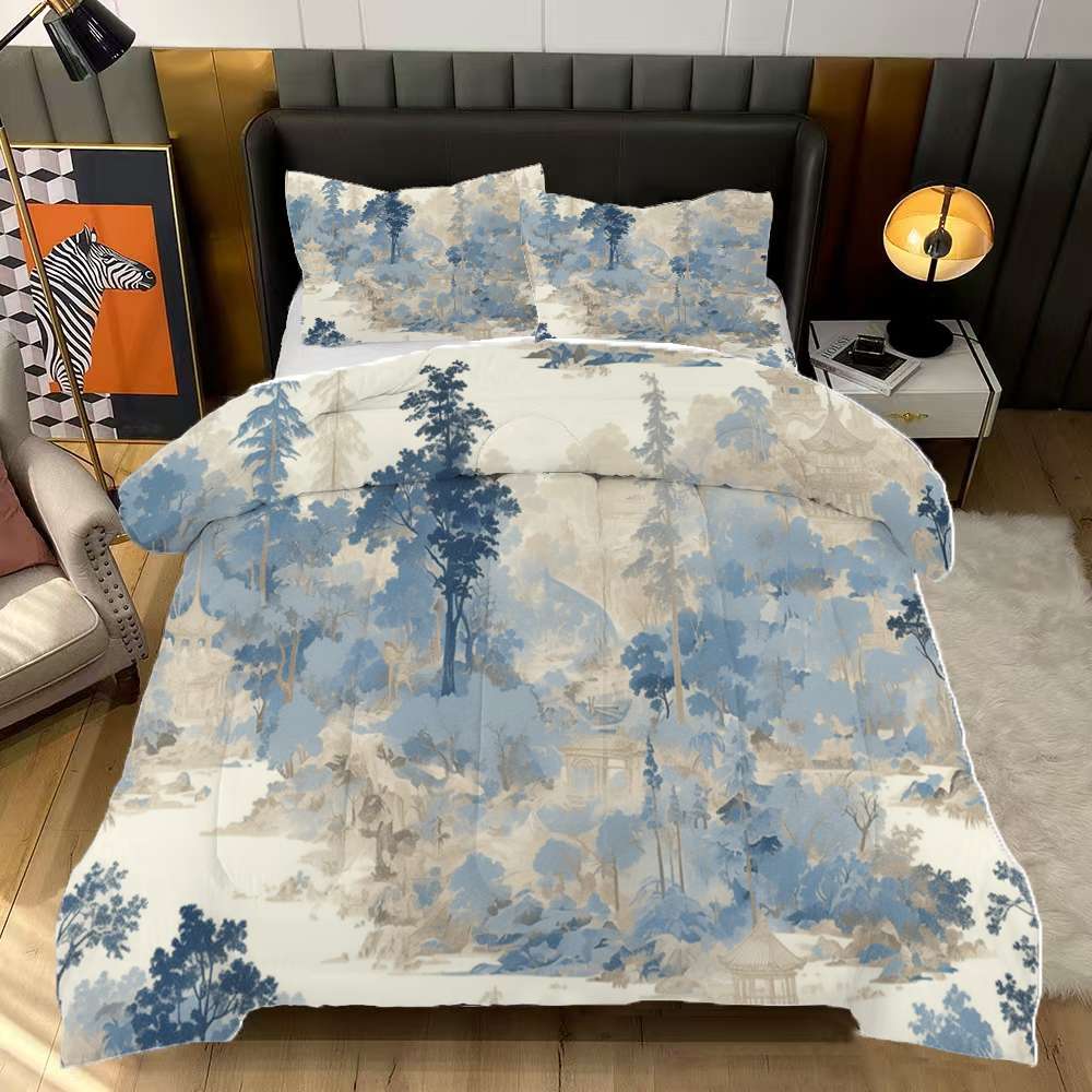 Chinoiserie Toile Blue Trees Vintage Comforter Set King Size Bedding ...