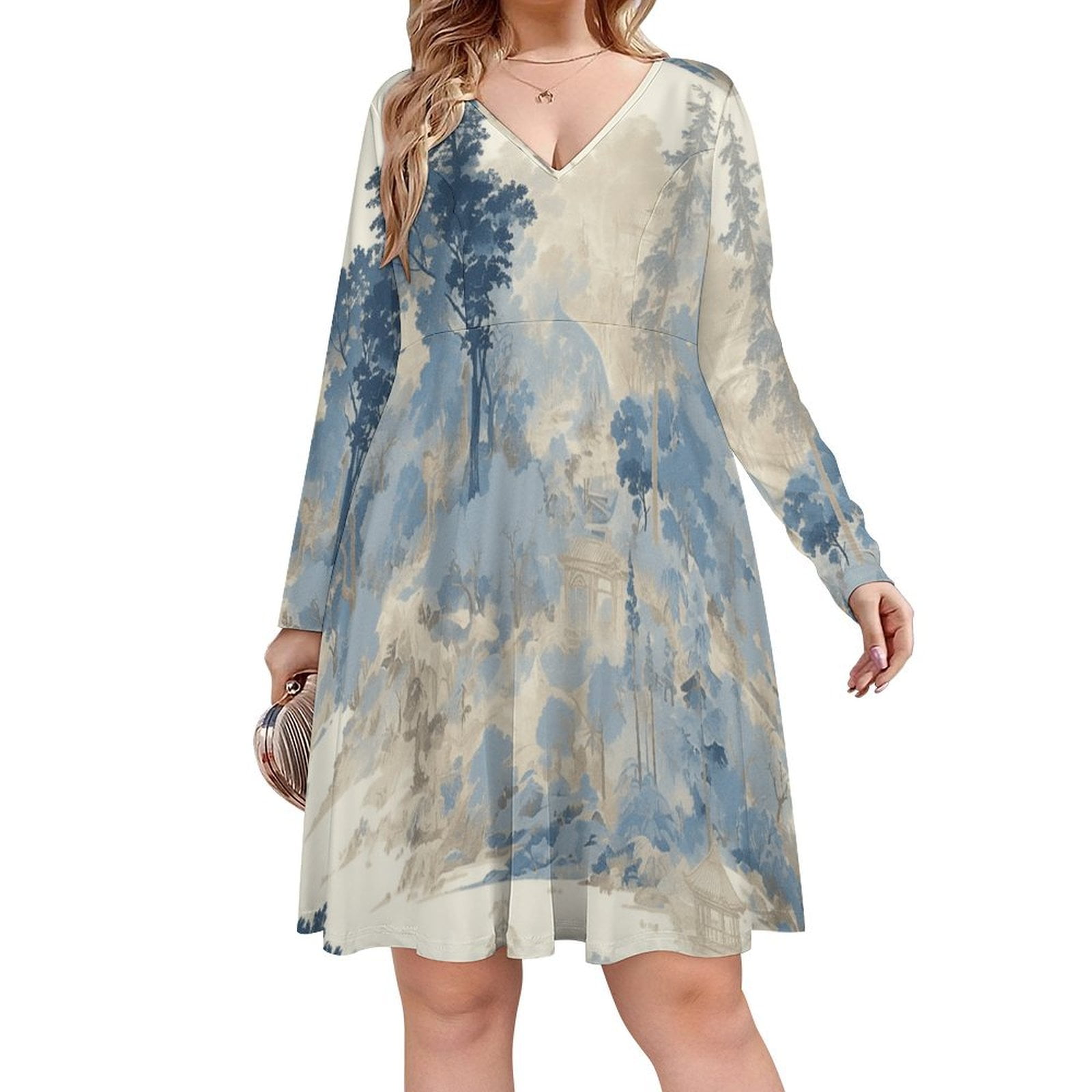 Chinoiserie Toile Blue Trees Vintage Long Sleeve Dresses For Women ...
