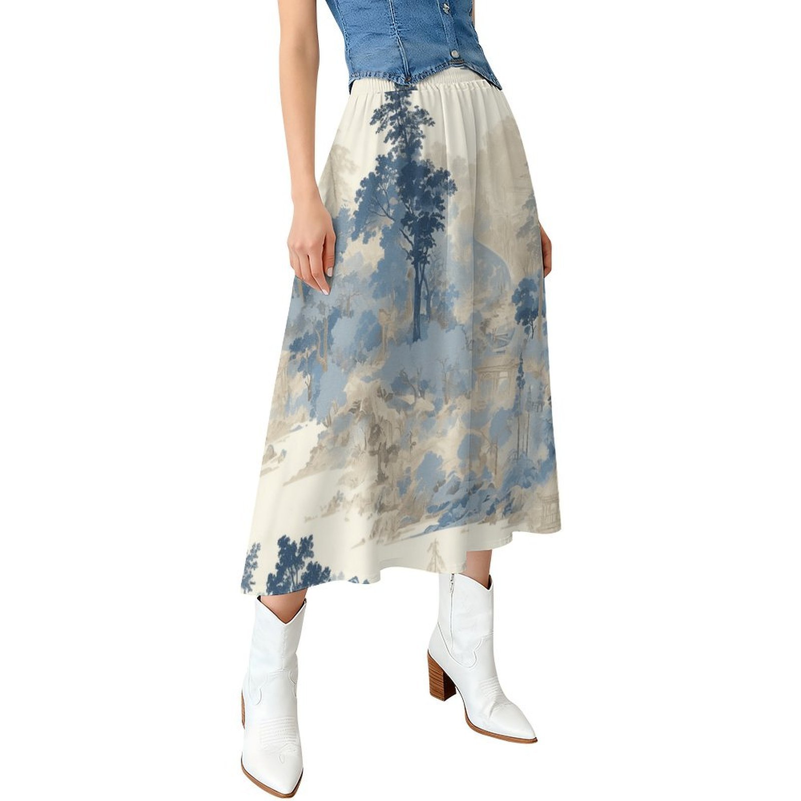 Chinoiserie Toile Blue Trees Vintage Women High Waist Midi Skirt ...