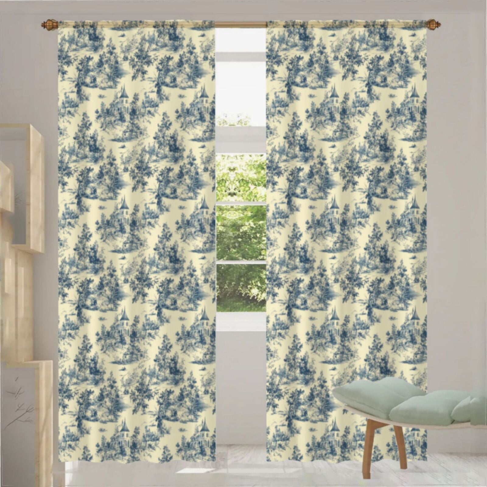 Chinoiserie Toile Blue Vintage Voile Sheer Curtains Living Room Window ...