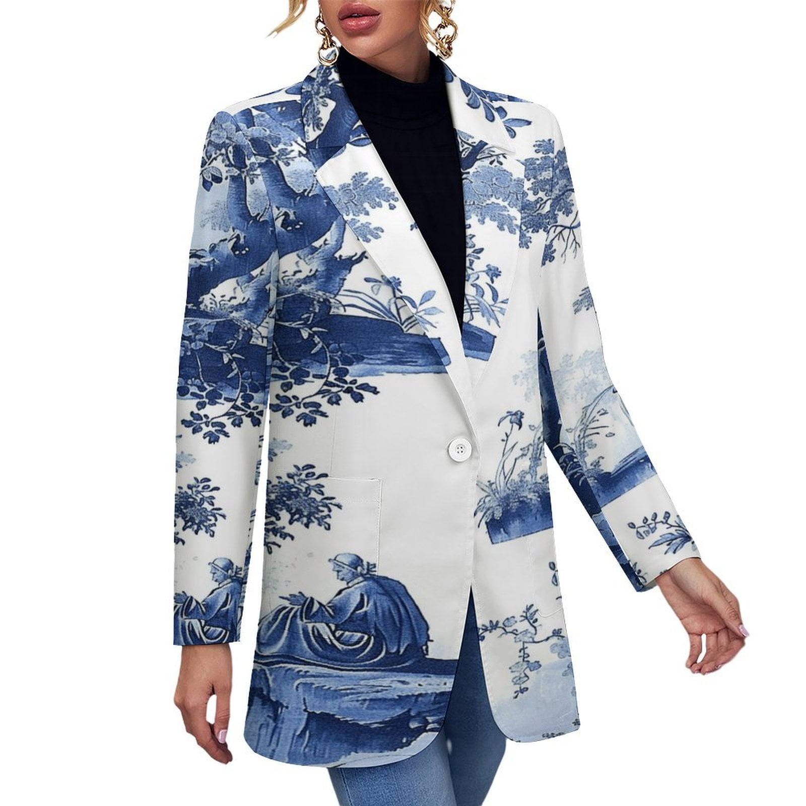 Chinoiserie Toile Blue Woman Casual Loose Suits Summer Jacket Woman ...