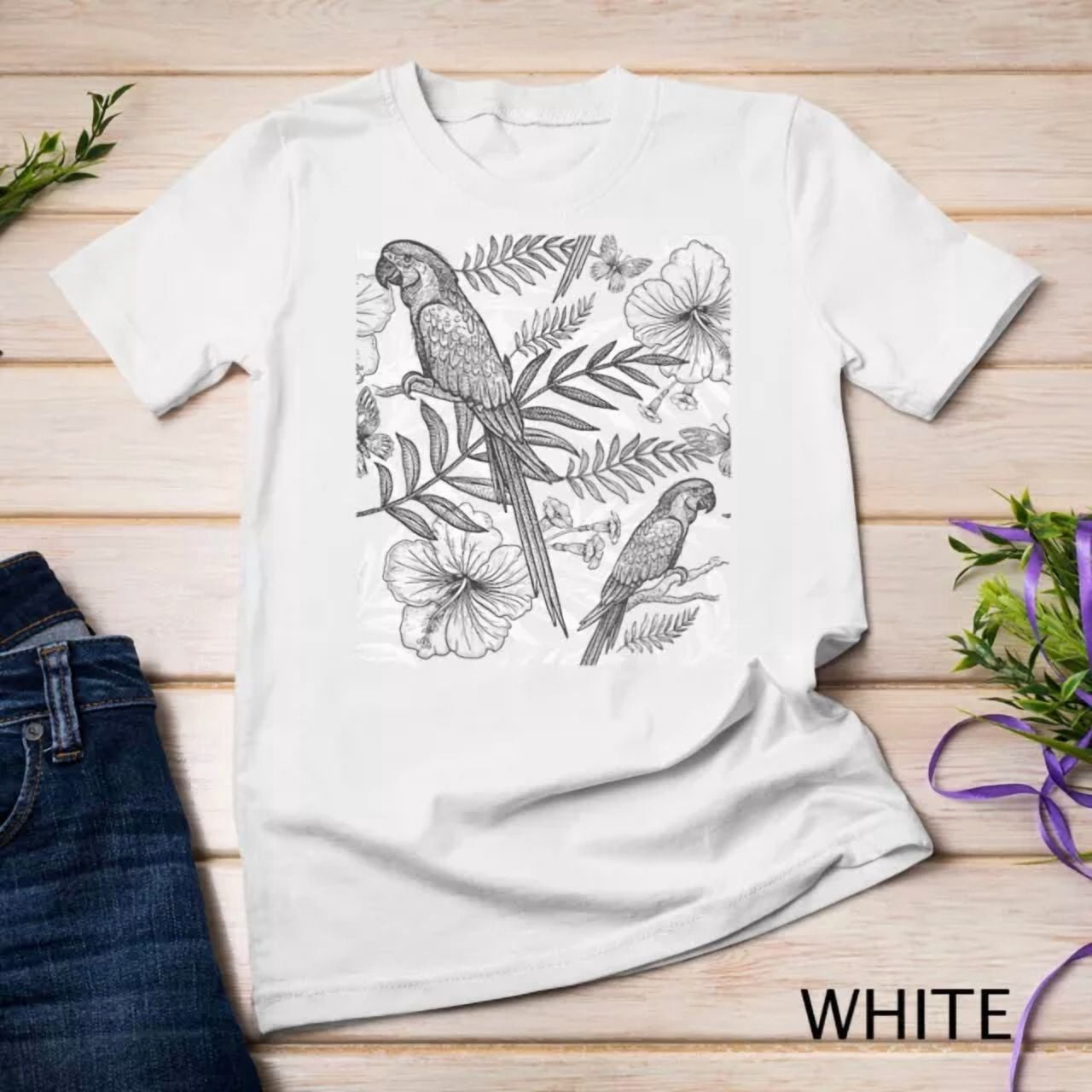 Chinoiserie Tropical Parrot Exotic Bird Floral Monochrome T-Shirt ...