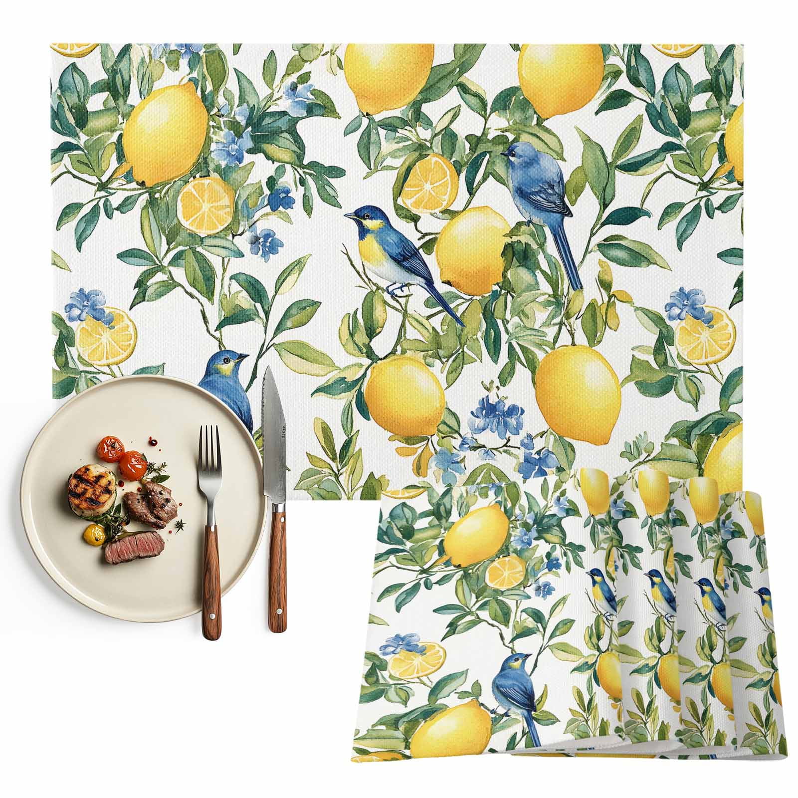 Chinoiserie Tropical Placemat of 1 PC, Yellow Lemon Blue Bird Pattern ...