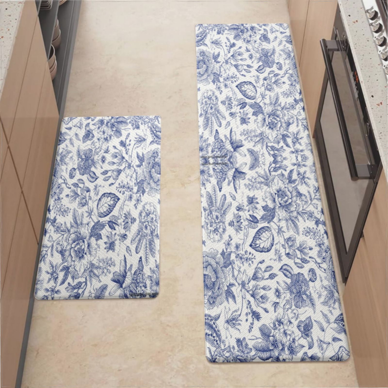 Chinoiserie Vintage Blue Bloom Floral Pvc Kitchen Mat Runner 2 Pieces ...