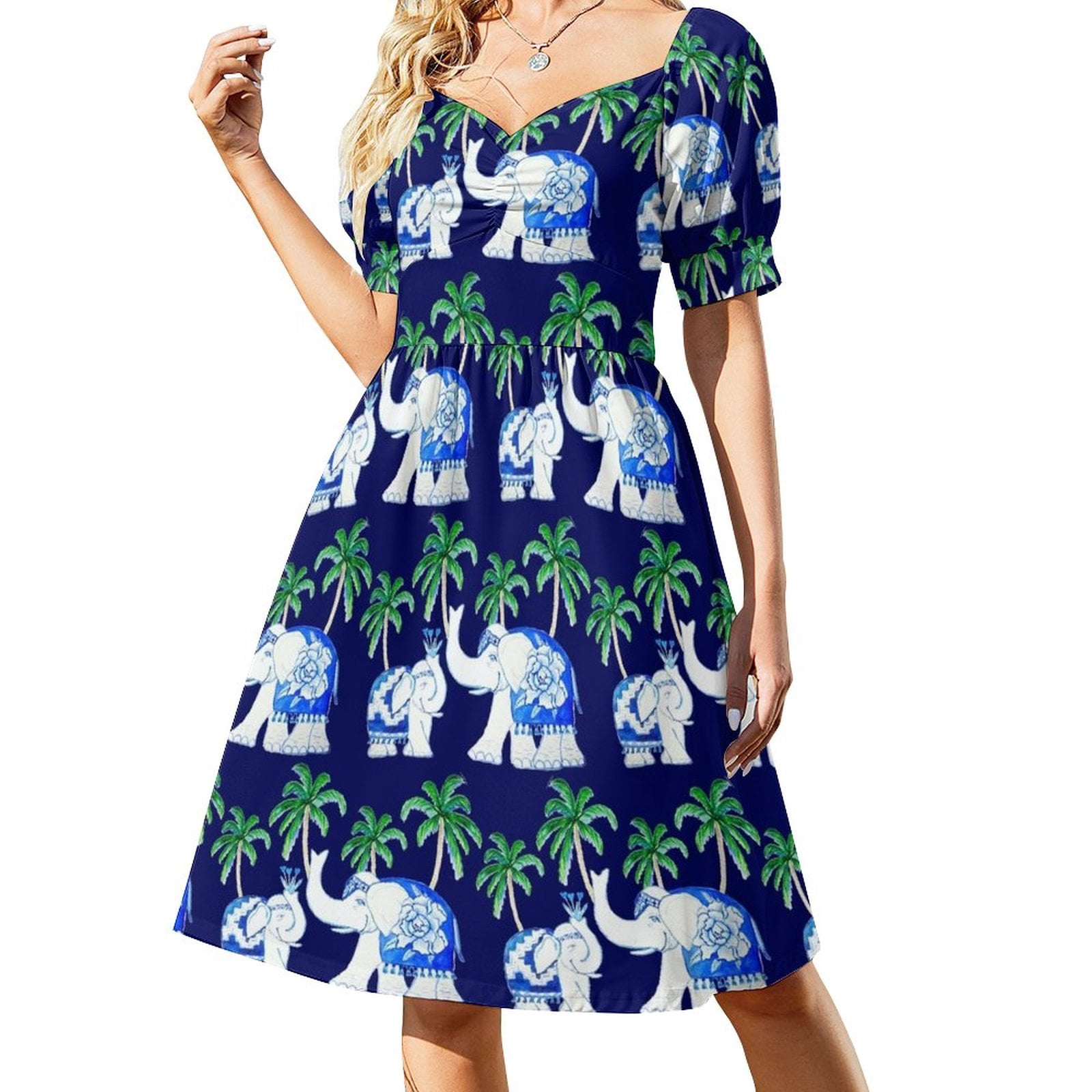 Chinoiserie elephants on classic blue with palm trees Dress birthday ...