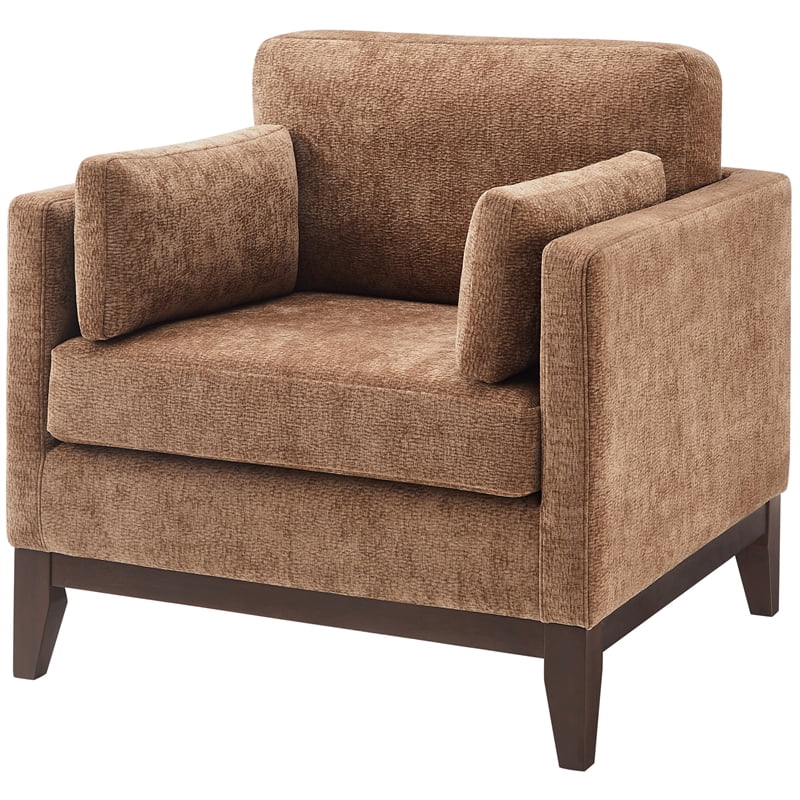Chios Modern Arm Chair in Plush Bark Brown Fabric with Wooden Base ...