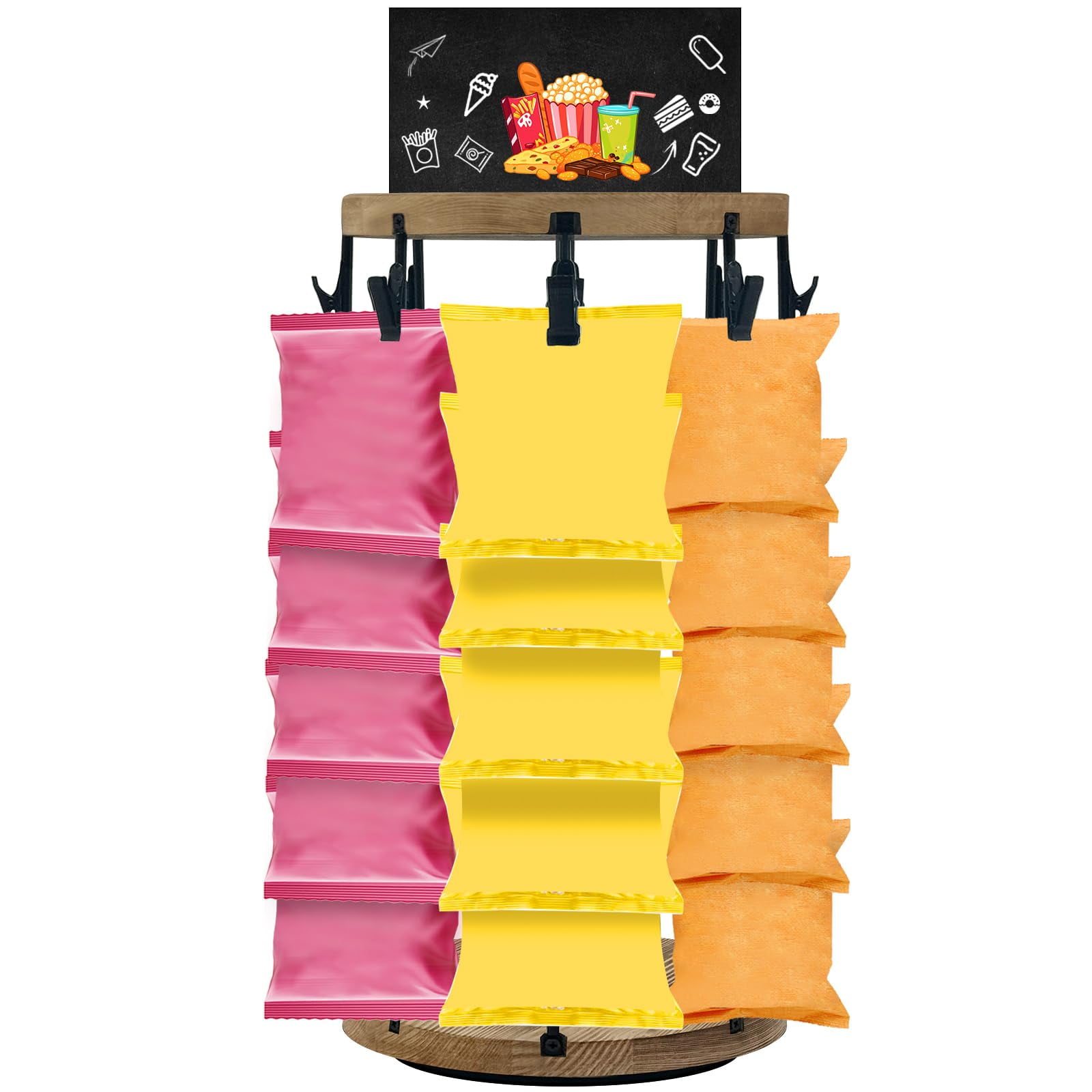 Chip Rack Display Stand,360° Rotating Chip Bag Holder,40 Clips Wooden ...