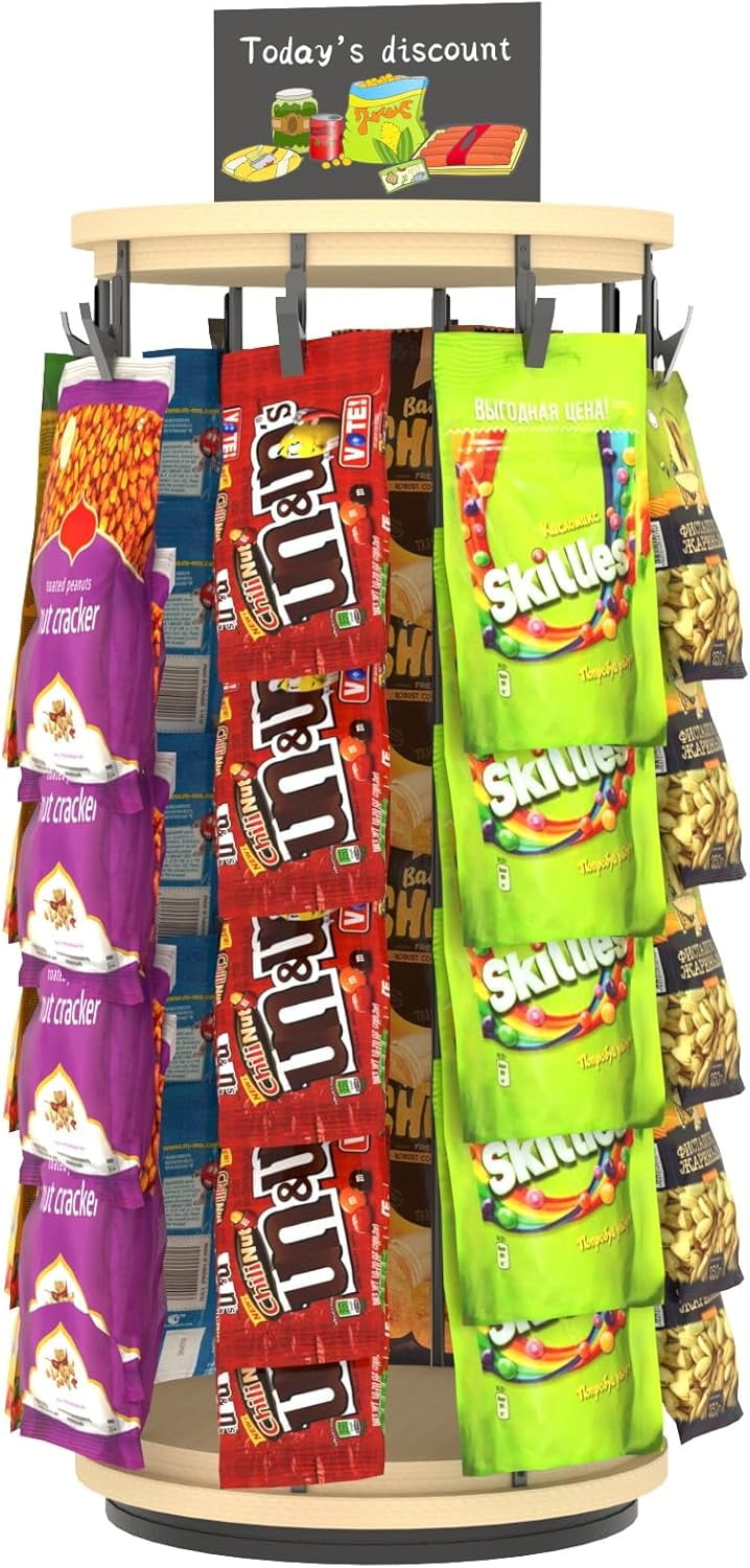 Chip Rack Display Stand with 360° Rotation, Wood Snack Display Rack ...