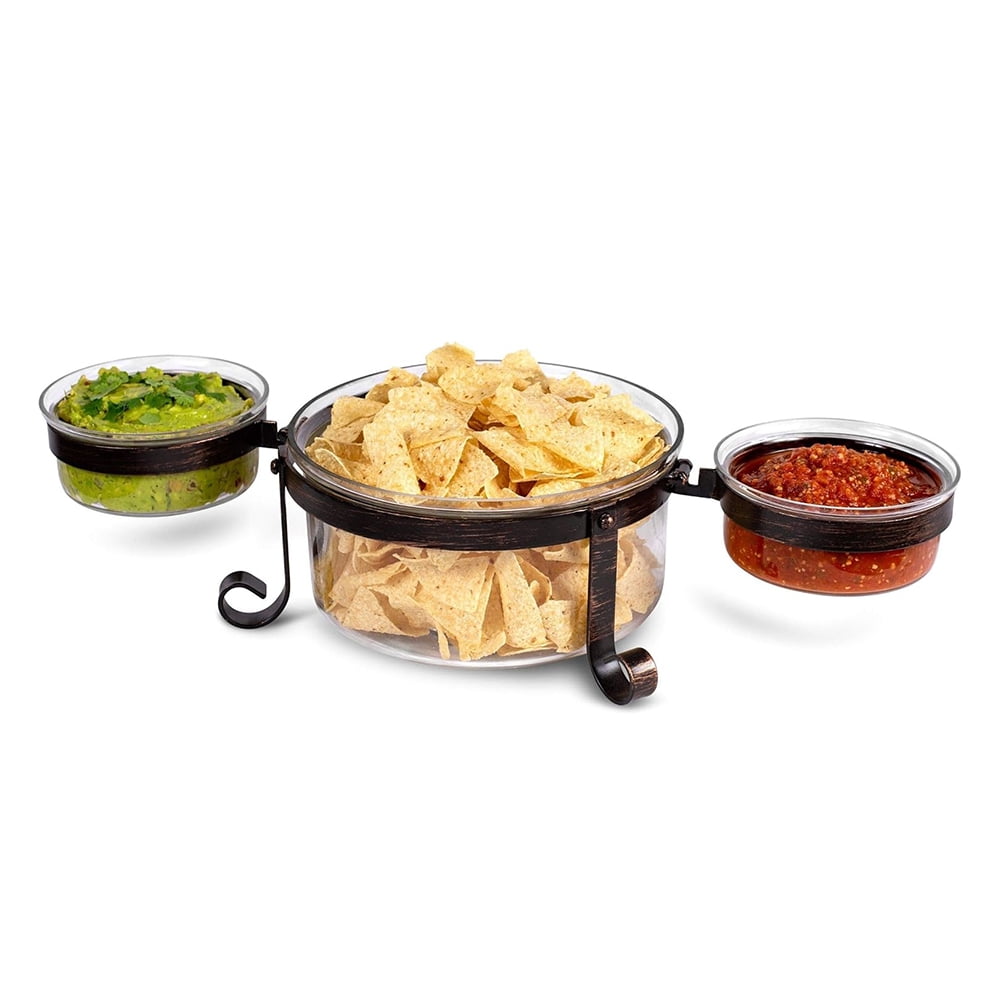 Chip and Dip Serving Bowl Set, Compact Storage Triple Glass Bowls ...