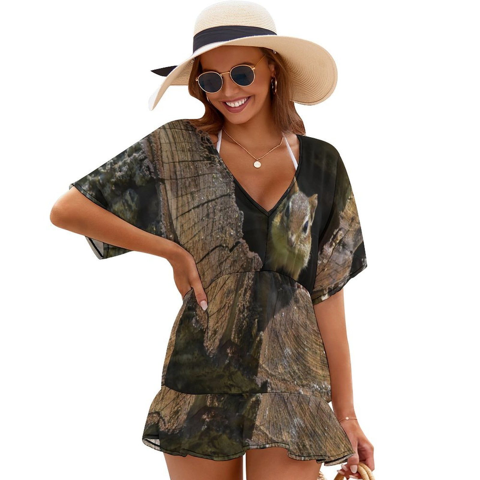 Chipmunk In The Tree Hole Beach Cover Ups Women V Neck Short Sleeve ...
