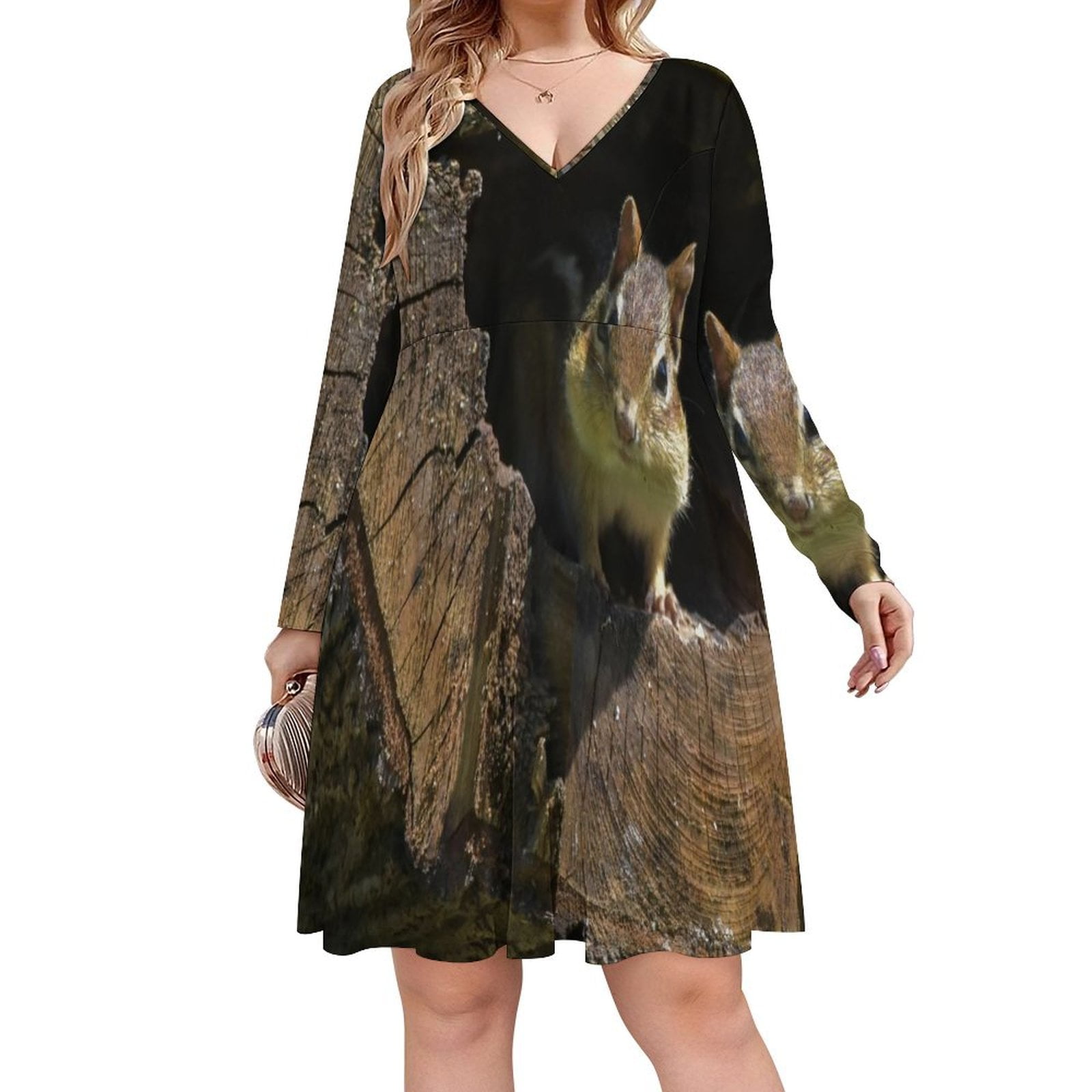 Chipmunk In The Tree Hole Long Sleeve Dresses For Women Vintage Elegant ...
