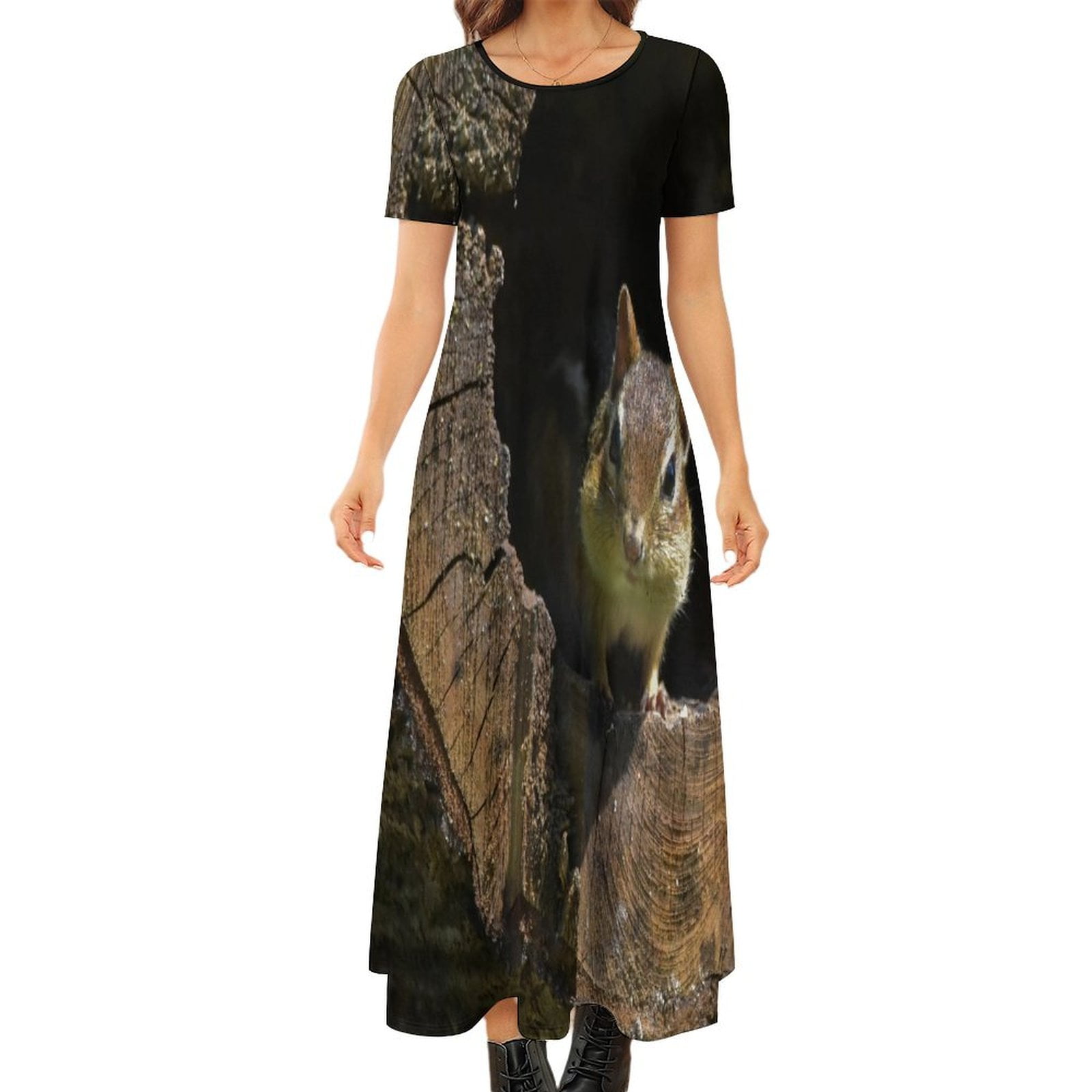 Chipmunk In The Tree Hole Maxi Dress for Women Crew Neck Beach Dress ...