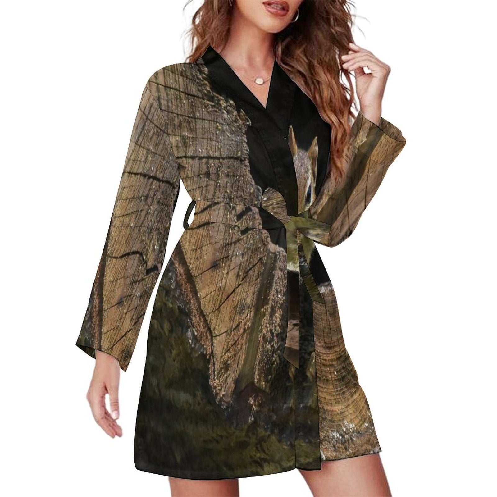 Chipmunk In The Tree Hole Night Robe Long Sleeve V Neck Robe With Belt ...