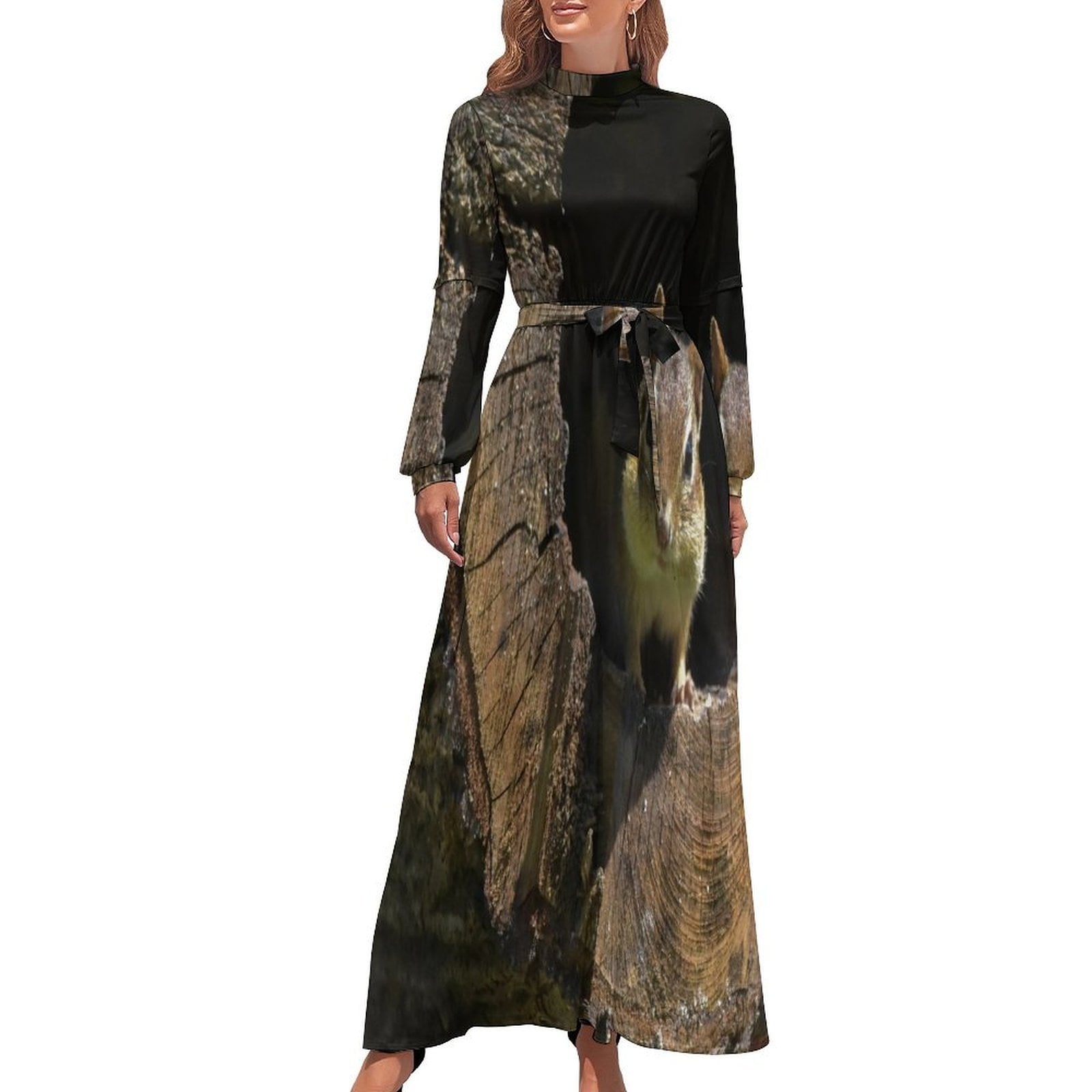 Chipmunk In The Tree Hole Women's Long Dress Long Sleeves Dress Vintage ...