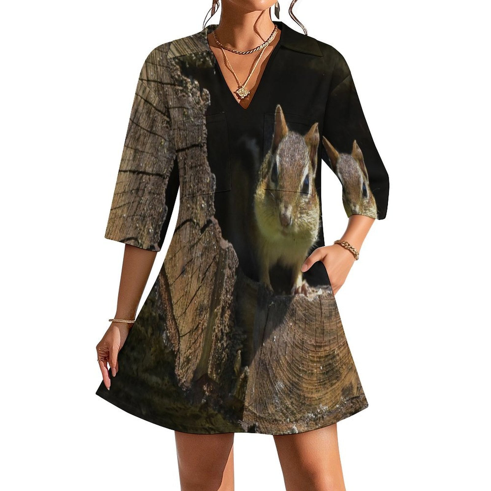 Chipmunk In The Tree Hole Womens Dress With Pockets Summer V Neck 3/4 ...