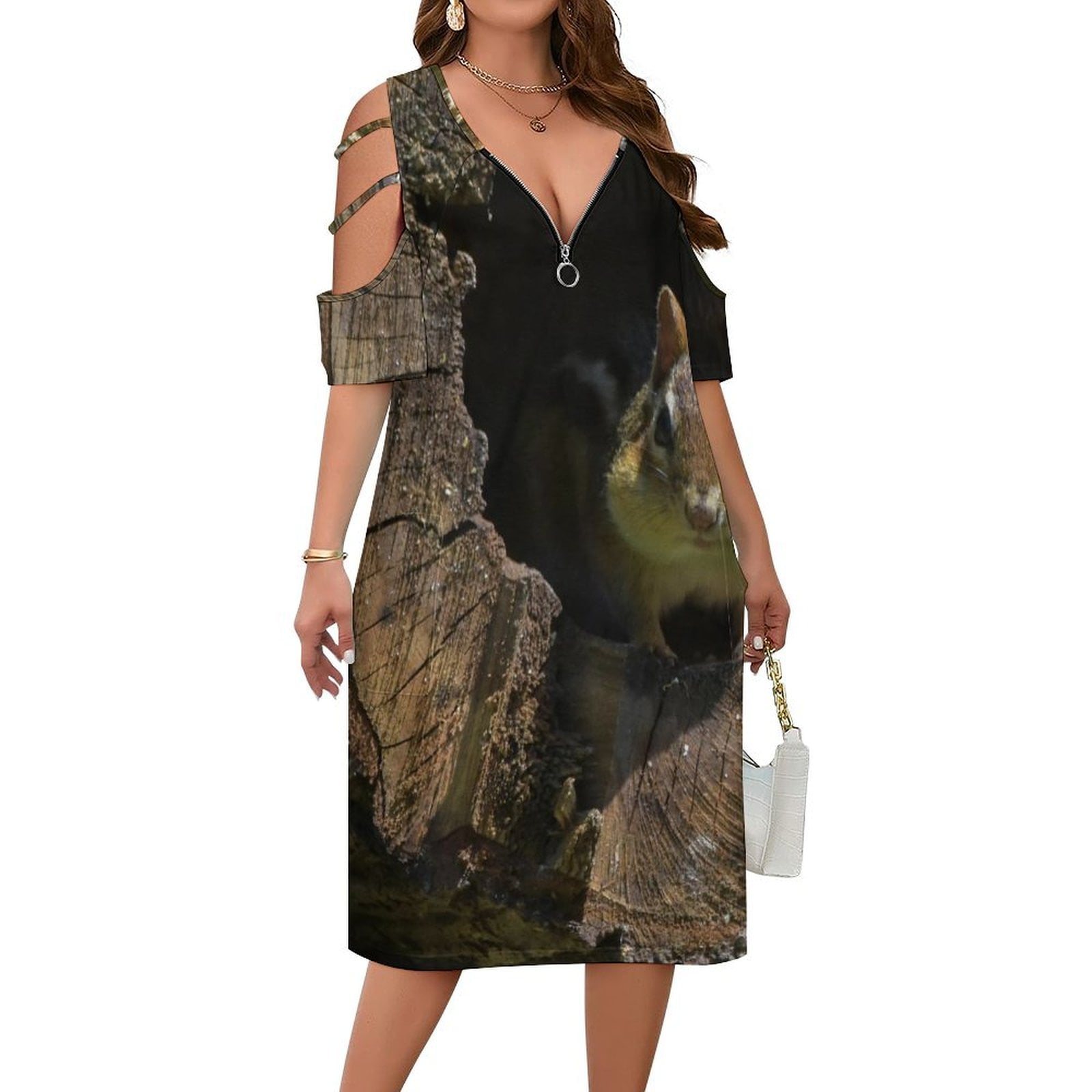 Chipmunk In The Tree Hole Zipper V Neck Short Sleeve Dress Women Dress ...