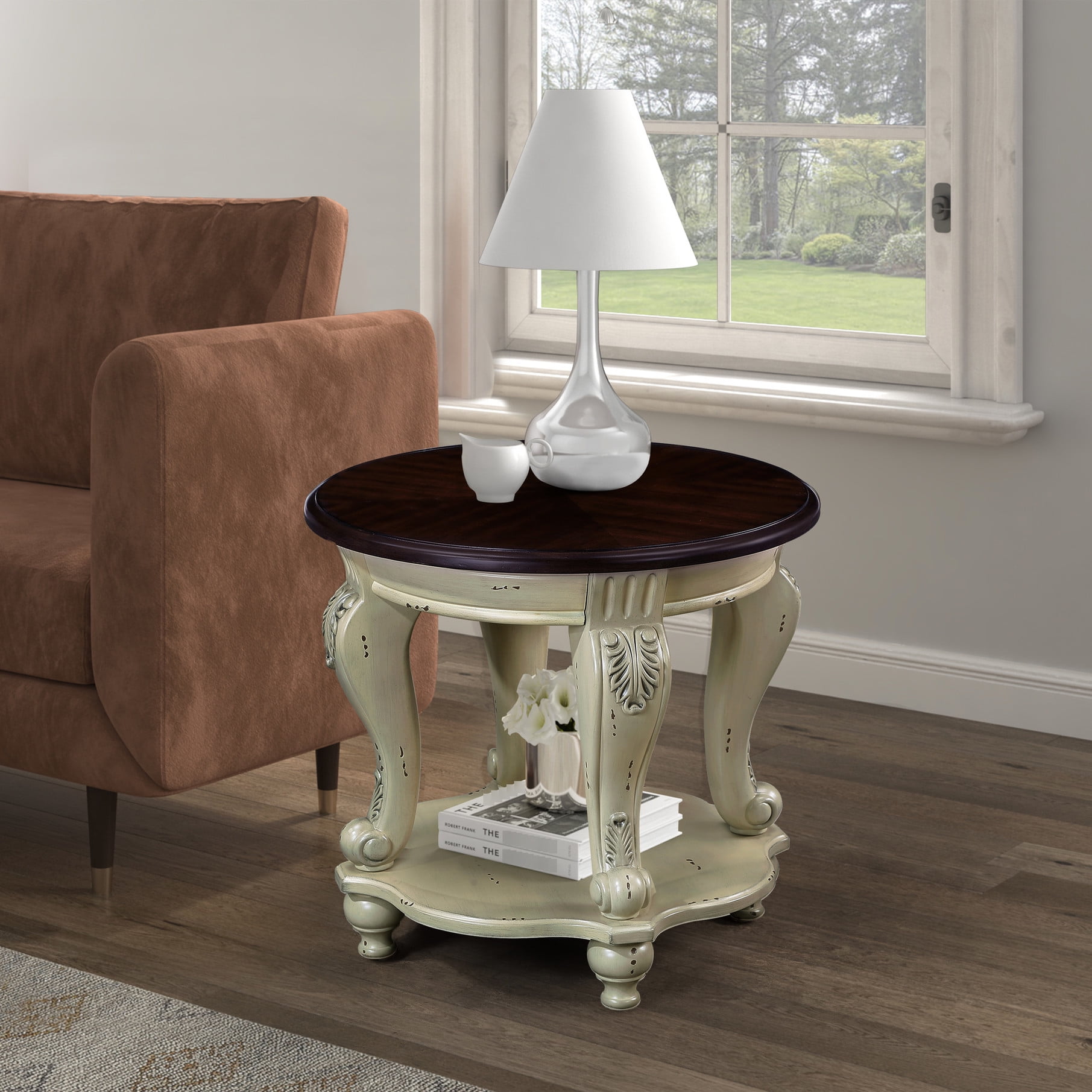 Chipped White Antique Finish, Solid Wood | Sofa End Table for Small ...