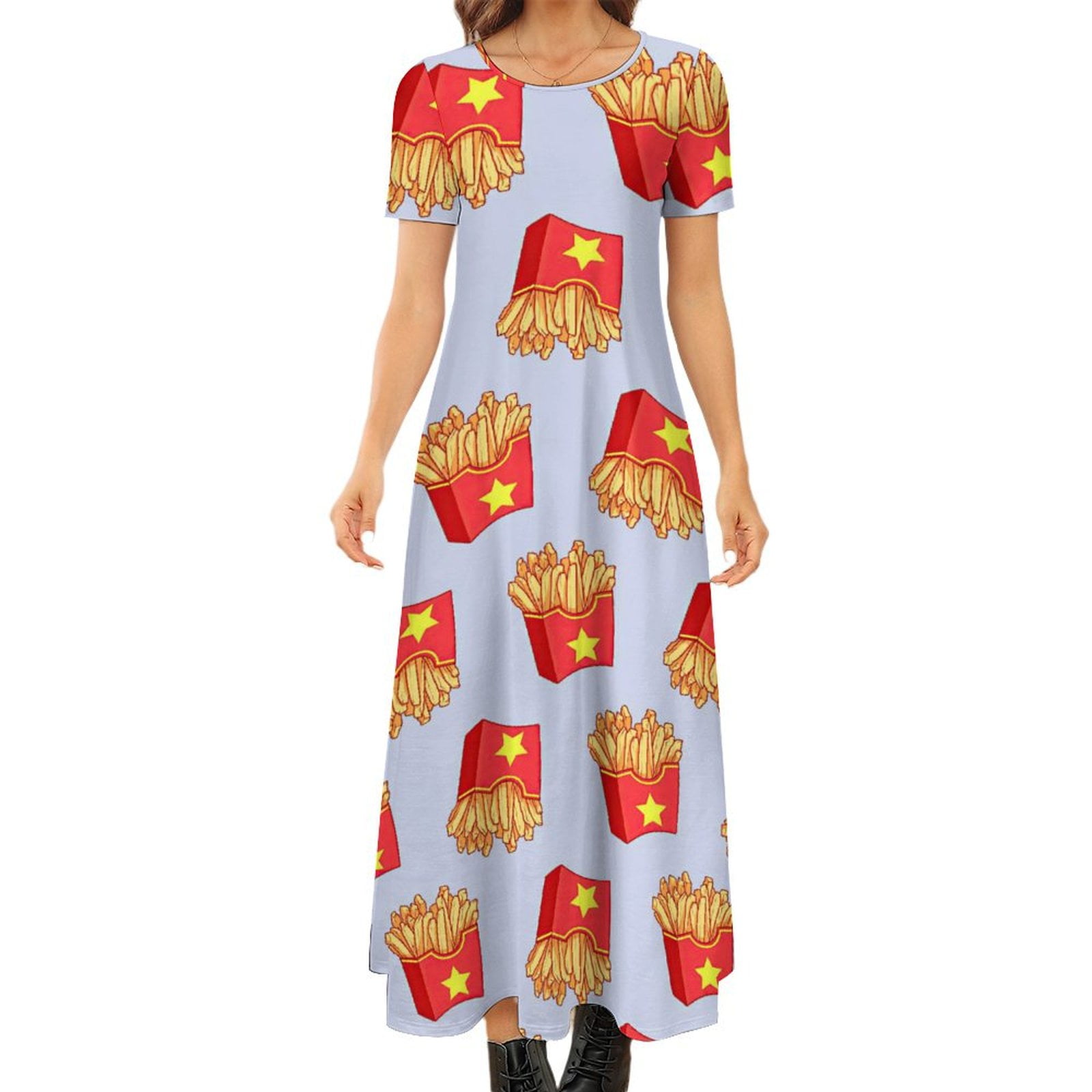 Chips Pattern Maxi Dress for Women Crew Neck Beach Dress Short Sleeve ...