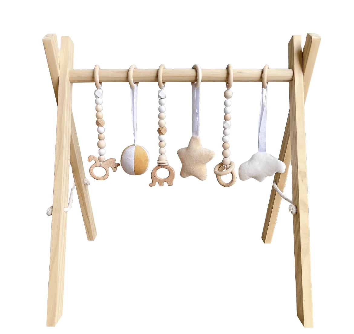 Chirren Wooden Baby Gym Toy, Baby Play Mat with Hanging Toys, Natural ...