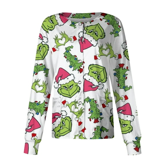 Chirstmas Long Sleeve Scrub Tops Women Button Down Pattern Lightweight ...
