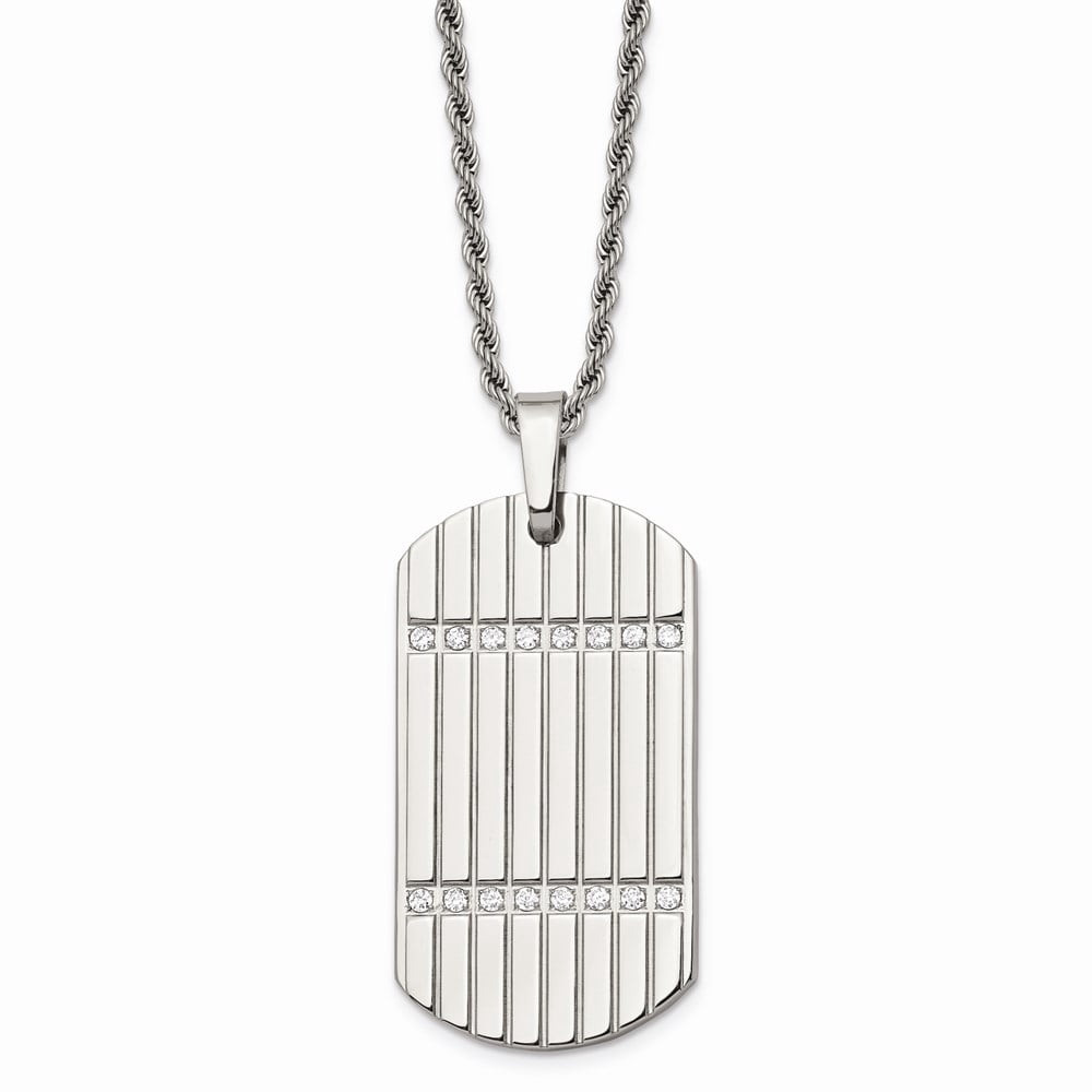 Chisel Stainless Steel 24in Polished & Textured w/CZs Dog Tag Necklace ...