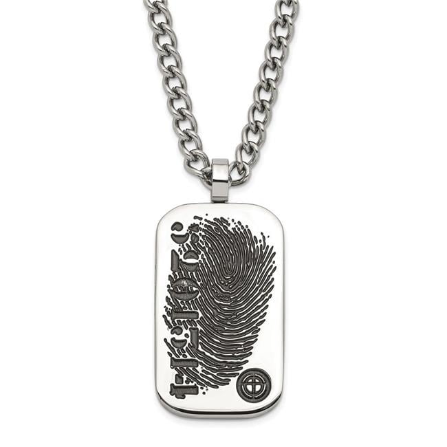 Chisel Stainless Steel & Black Enamel Reversible Black CZ Fingerprint ...
