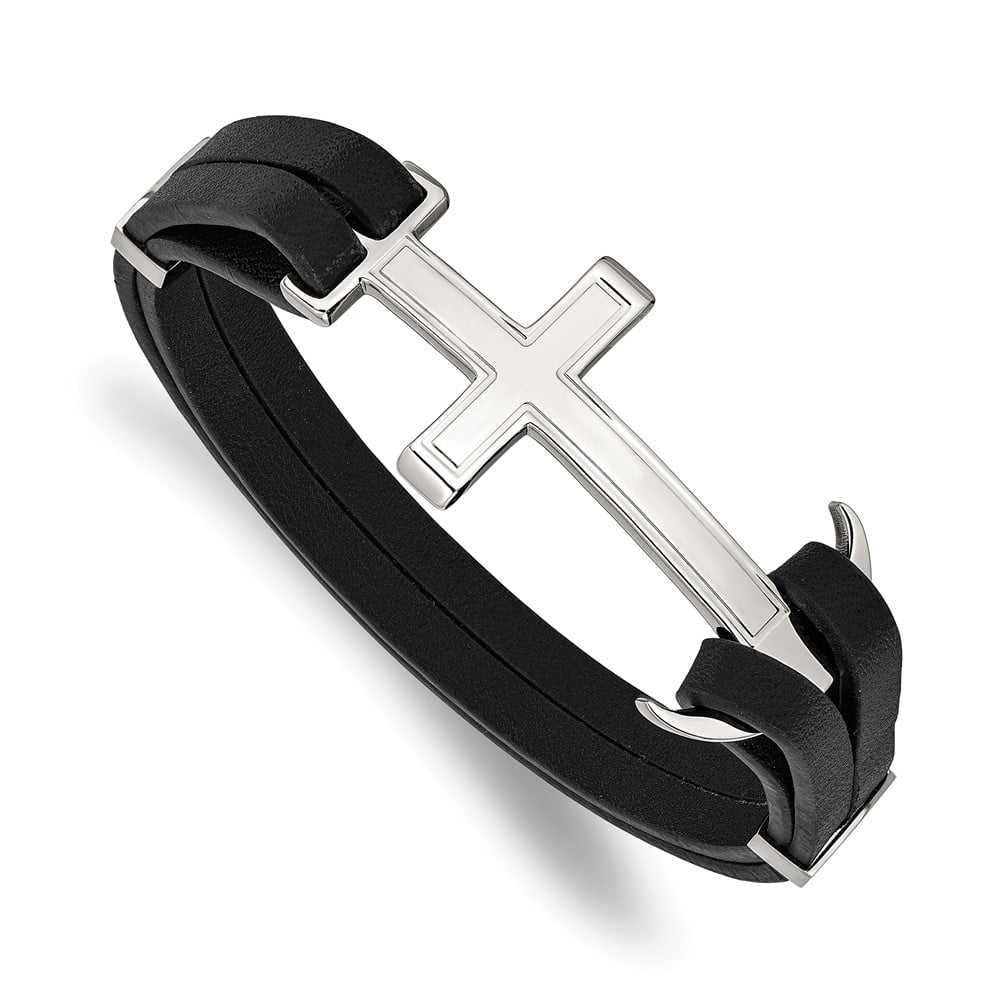 Chisel Stainless Steel Polished Cross and Anchor Black Leather 8.25 ...