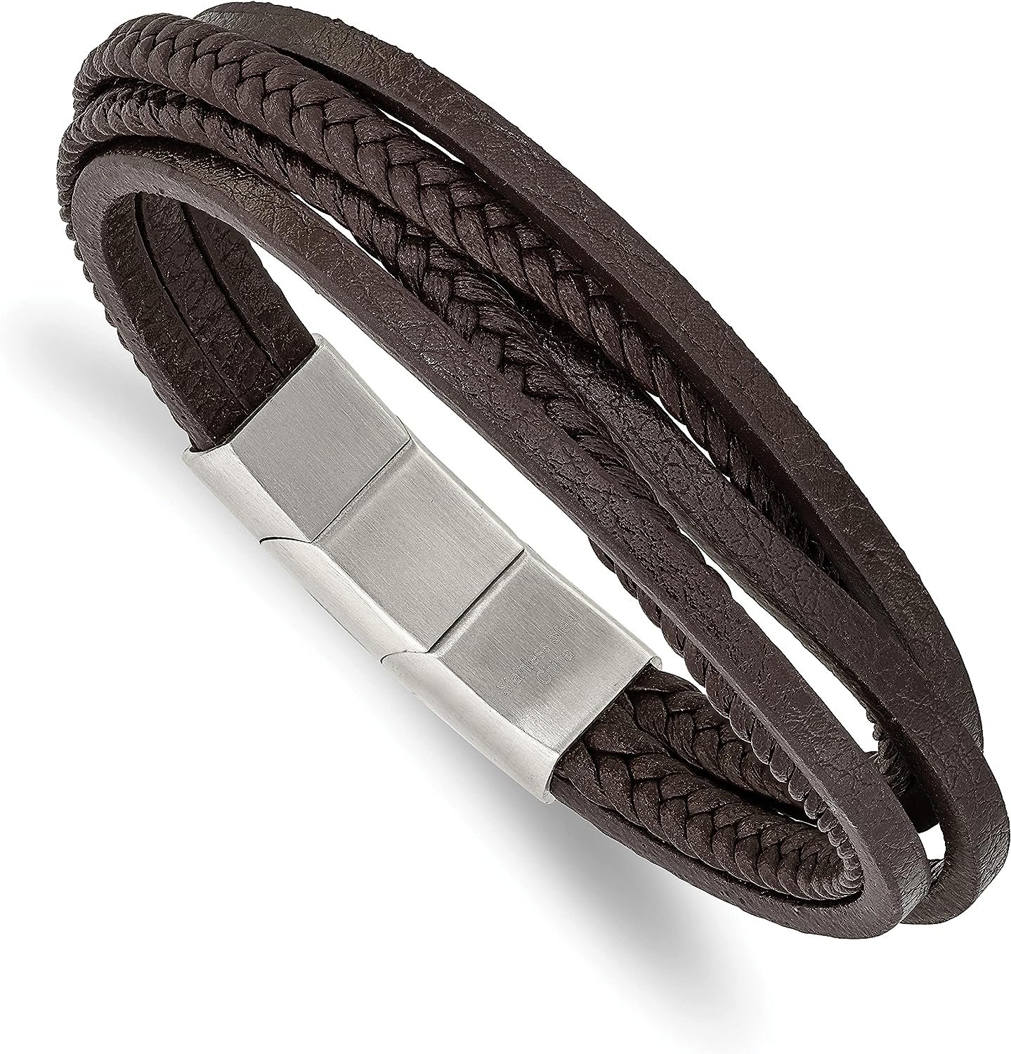 Chisel Stainless Steel Polished Multi Strand Brown PU Leather Bracelet ...