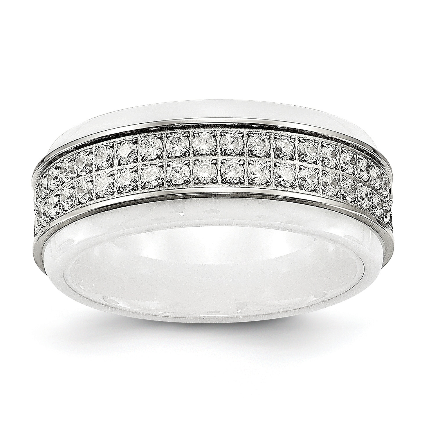 Chisel Stainless Steel Polished White Ceramic CZ Ridged Edge Ring ...