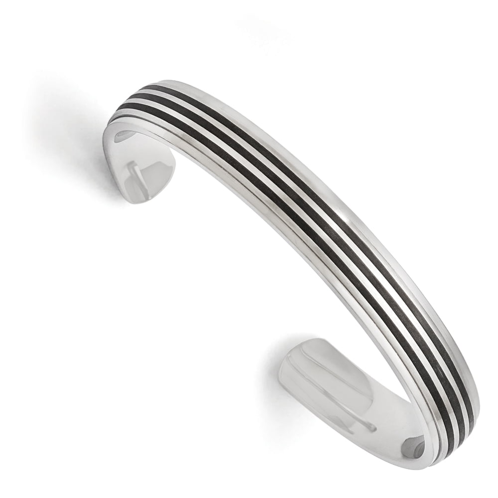 Stainless Steel Polished Brushed Black Rubber Inlay Cuff Stackable ...